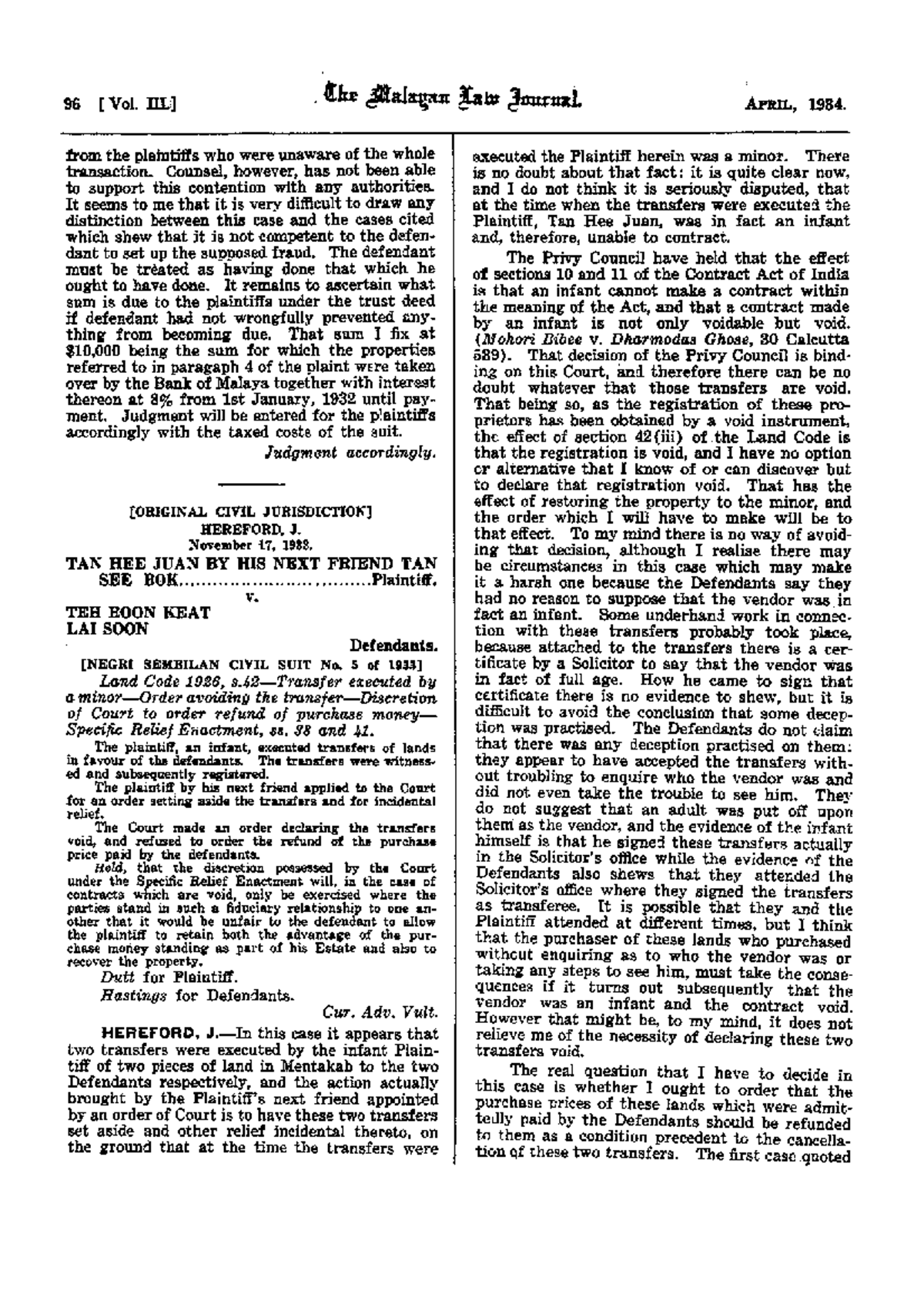 TAN HEE JUAN V TEH BOON KEAT: Case Analysis on Infant Contracts - Studocu