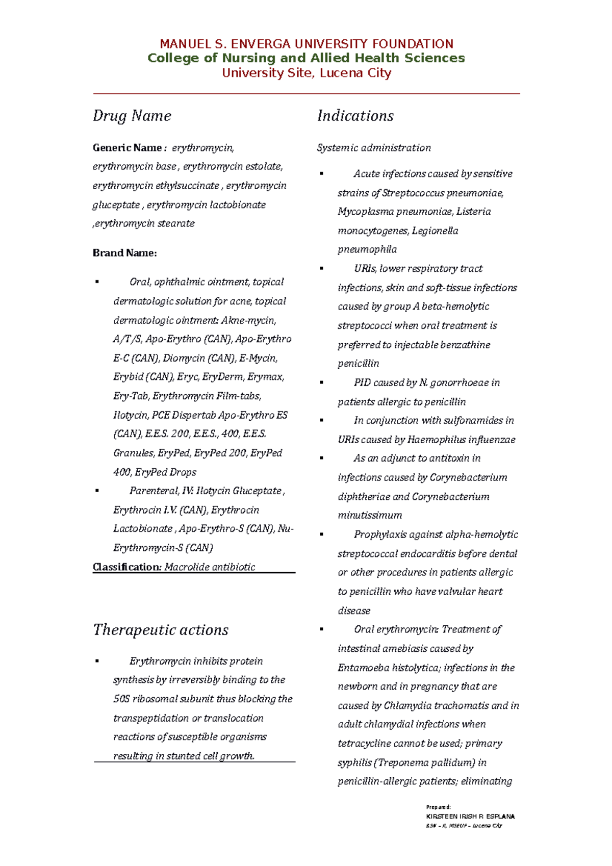 Erythromycin Drug Study Notes - BSN II, MSEUF Final Exam - Studocu