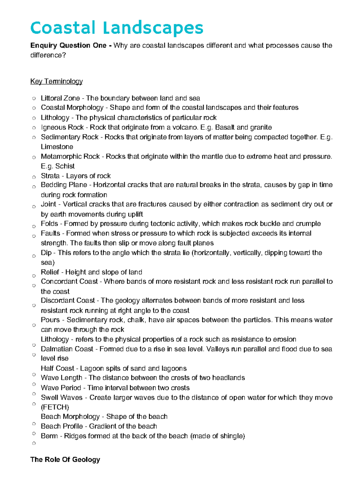 Coastal Landscapes: Edexcel A Level Geography Study Notes - Studocu