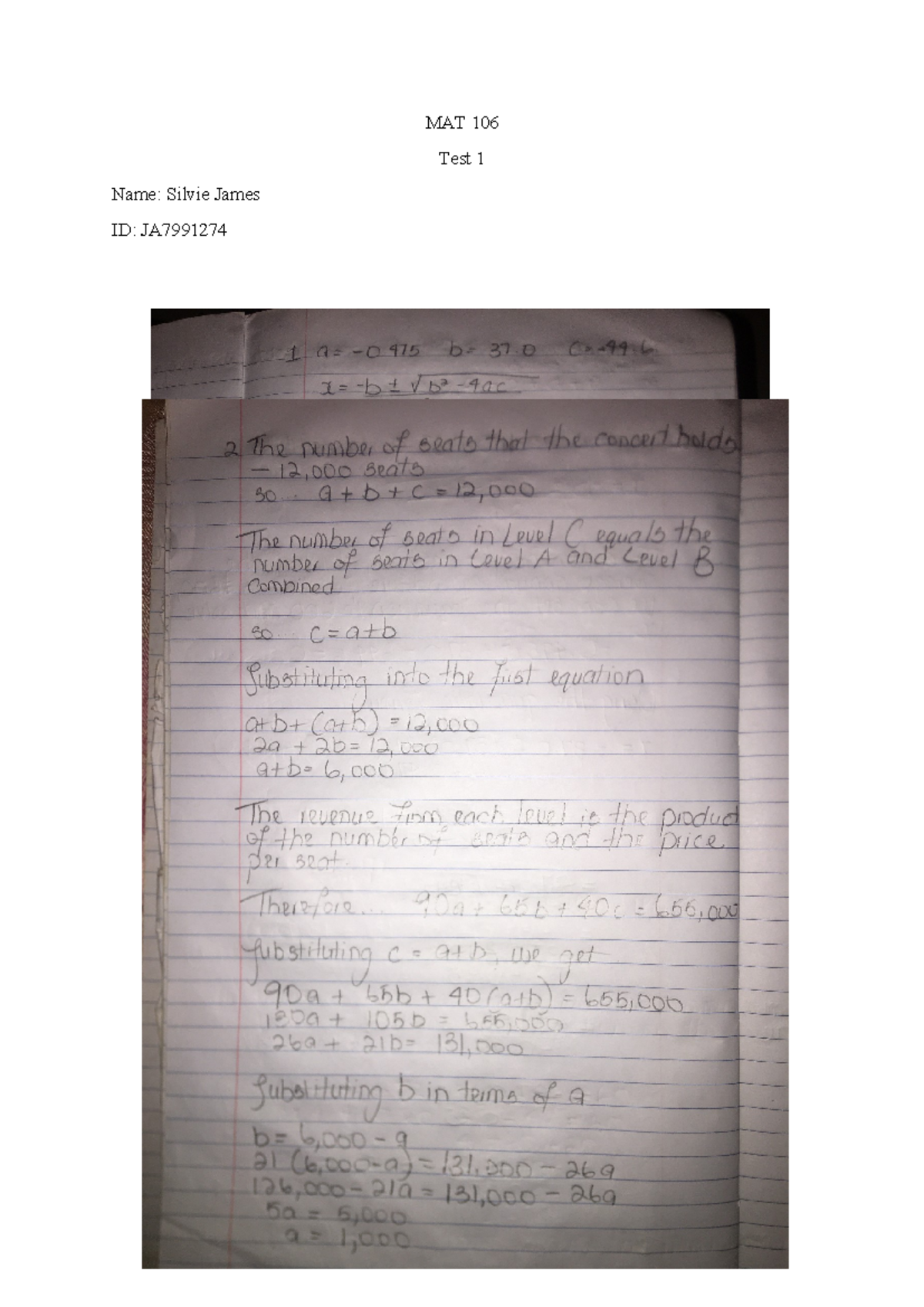 MATH COURSE WORK - Test 1 ame: Silvie James ): JA7991274 1 37 2 The ...