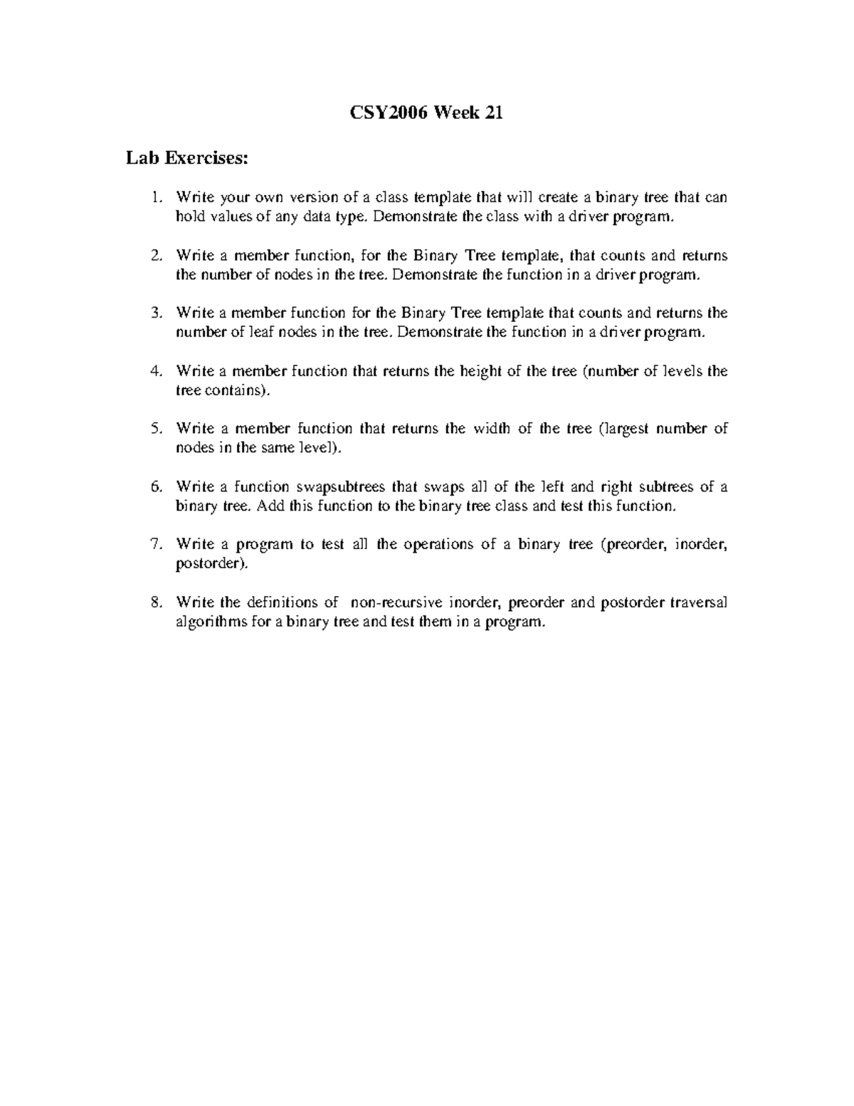 CSY2006 & CSY2030 Lab Exercises: Binary Tree Implementation - Studocu