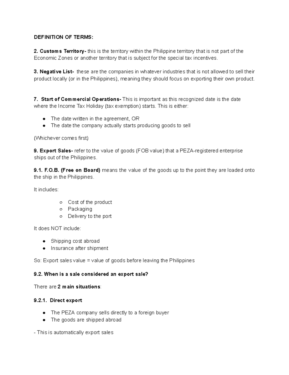 Lecture 2 Notes on PEZA Definitions and Export Sales - Studocu