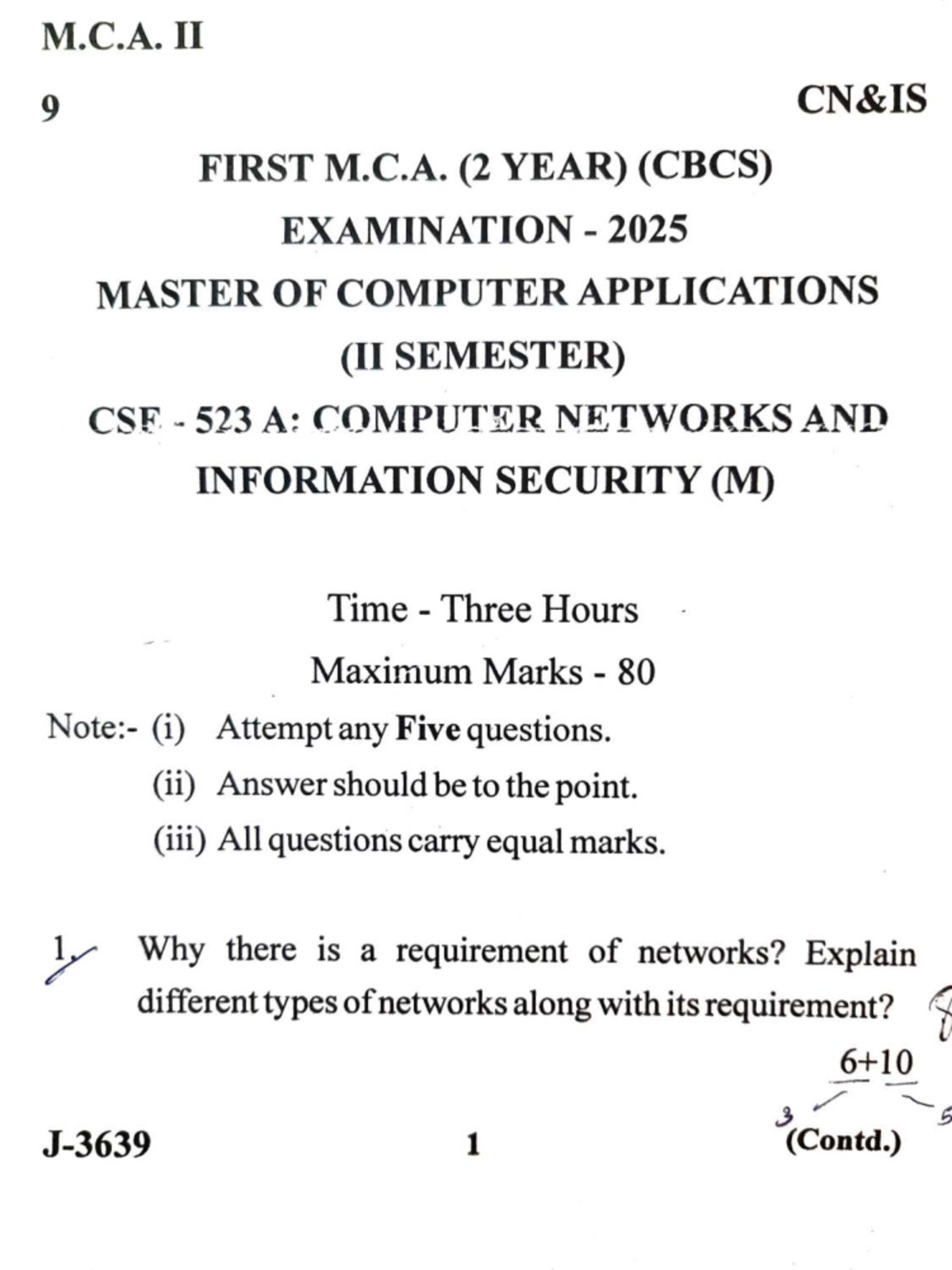 M.C.A. II Sem 2025: Computer Networks & Info Security Exam Paper - Studocu