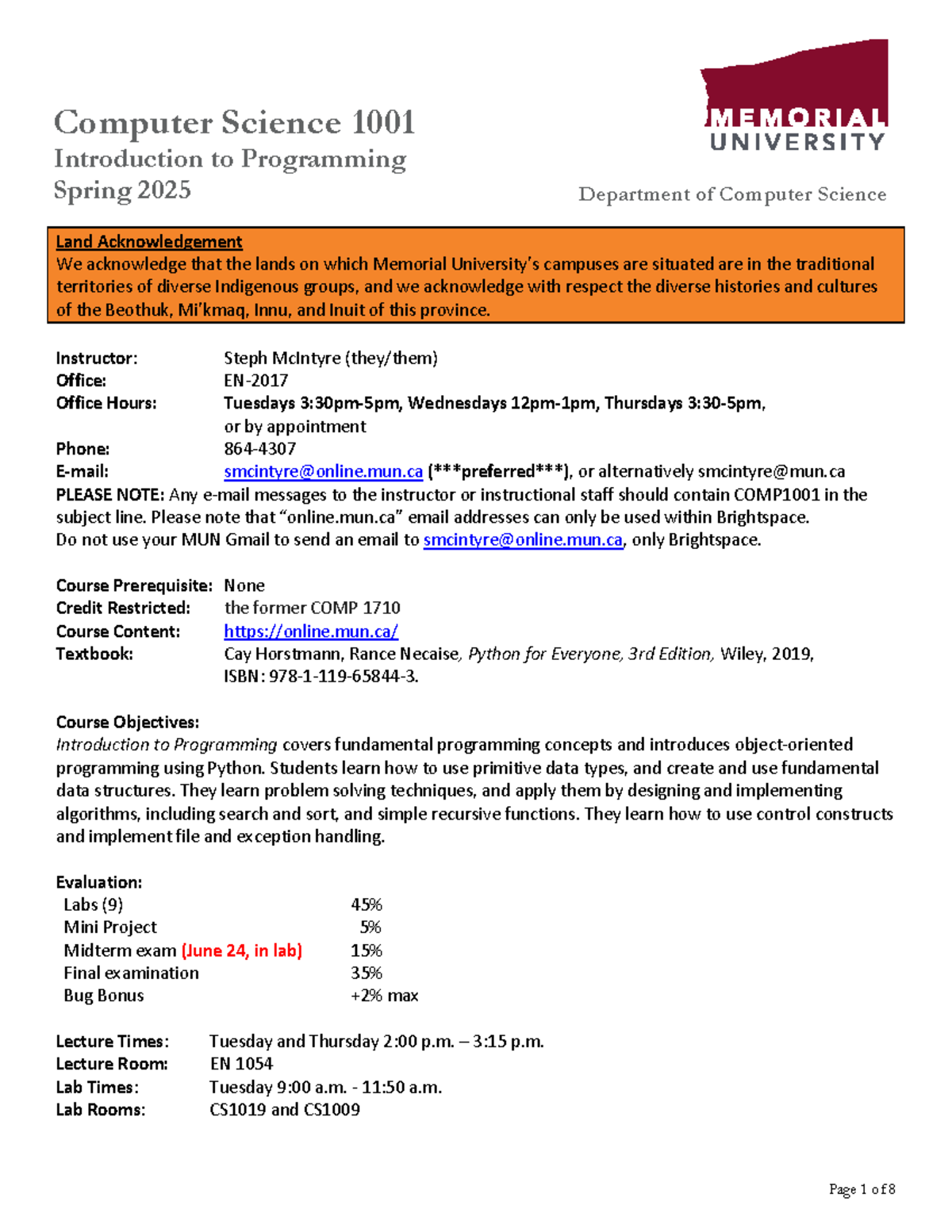COMP1001 Introduction to Programming Course Outline Spring 2025 - Studocu