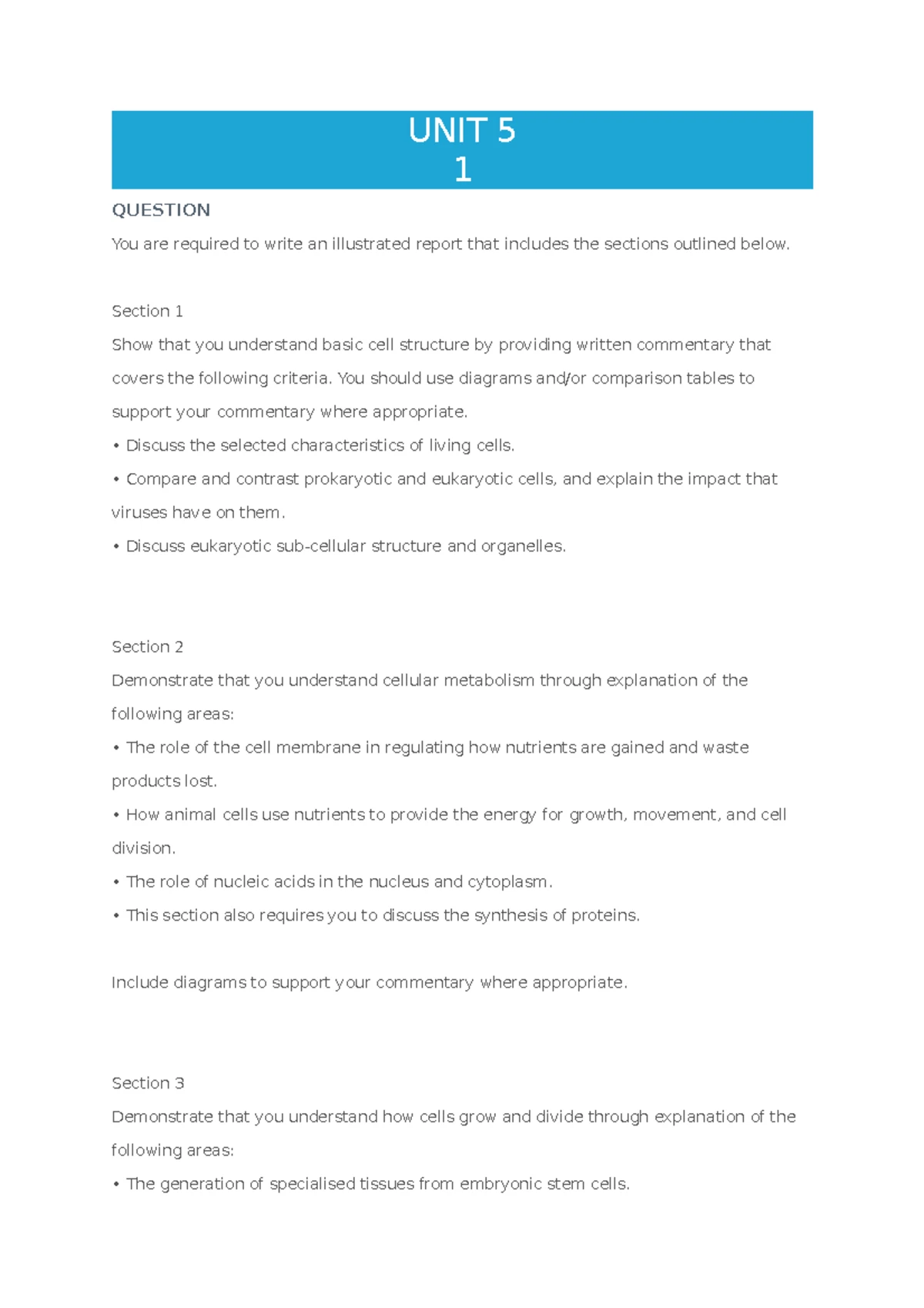 Unit 5 Cell biology re sub 1 - Unit 5 – Exploring the structure and function of cells ...