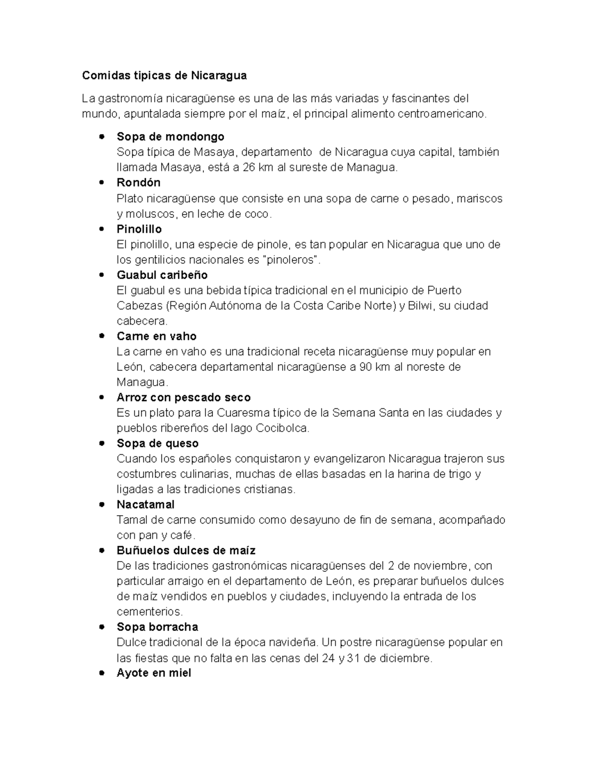 Comidas Típicas de Nicaragua: Gastronomía e Historia Cultural - Studocu