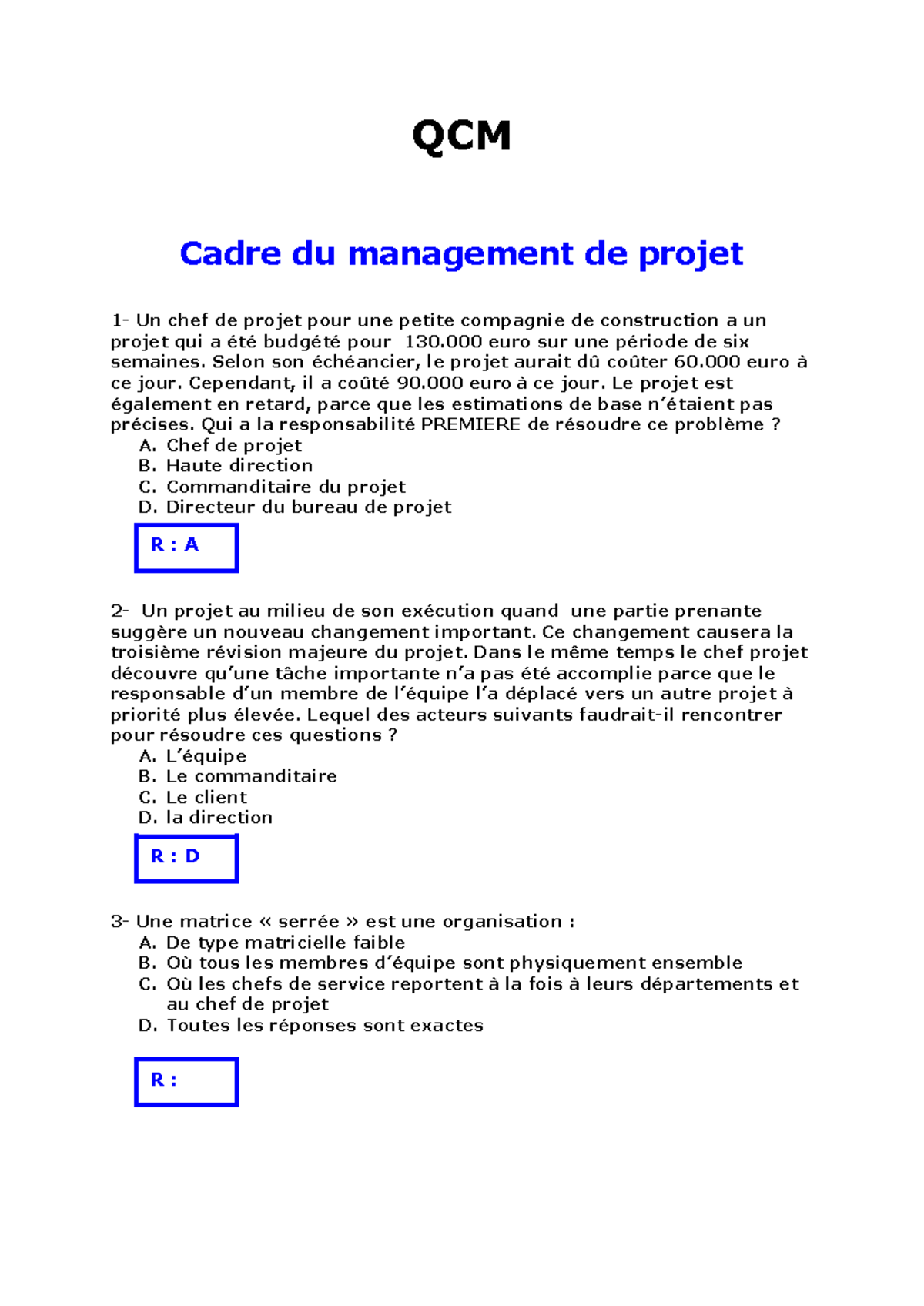 QCM- Correction - Gestion de Projet / Management Projet (Révisions ...