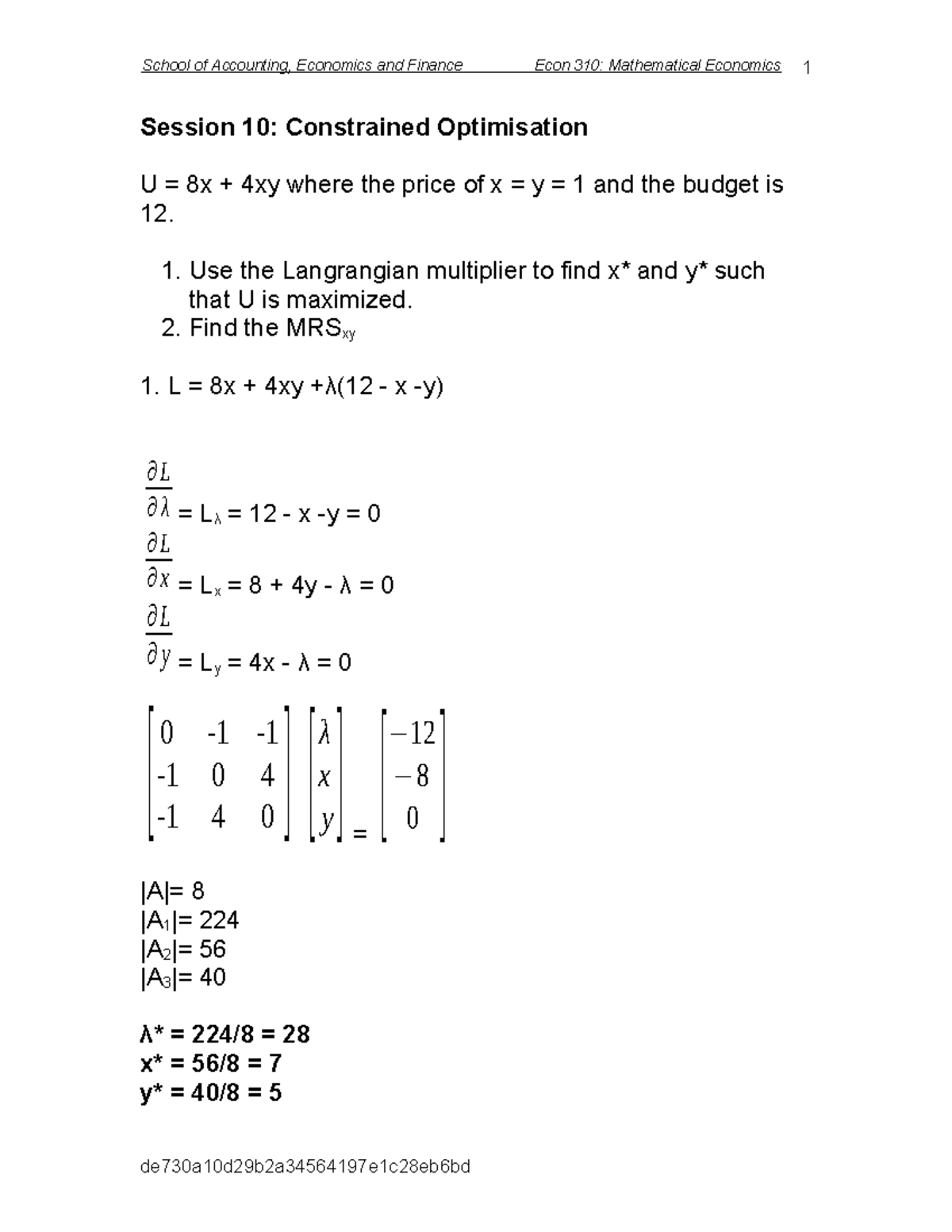 Econ315 Topic 10: Constrained Optimization Solutions and Analysis - Studocu