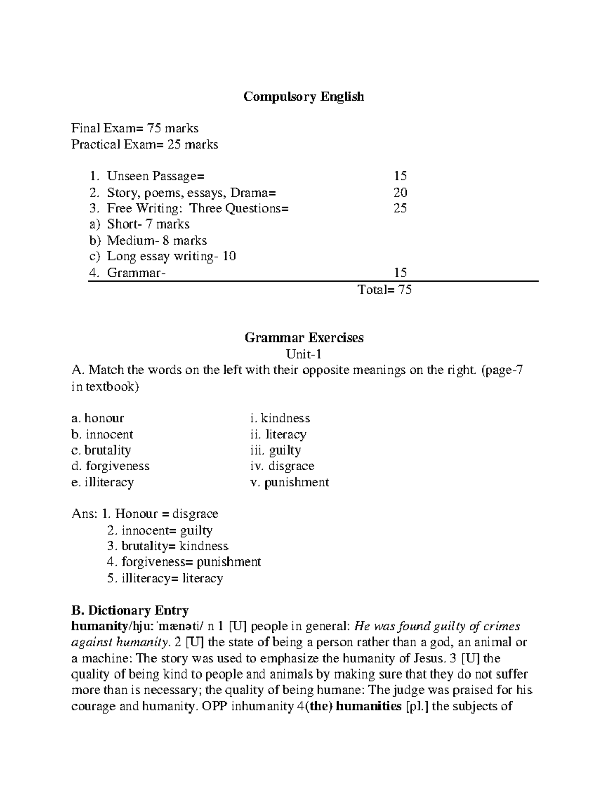 Compulsory English Final Exam: Grammar & Writing Practice Notes - Studocu