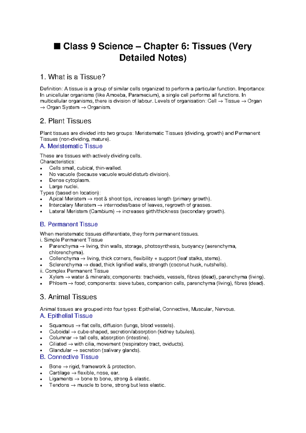 Class 9 Science Chapter 6: Tissues - Detailed Notes & Diagrams - Studocu