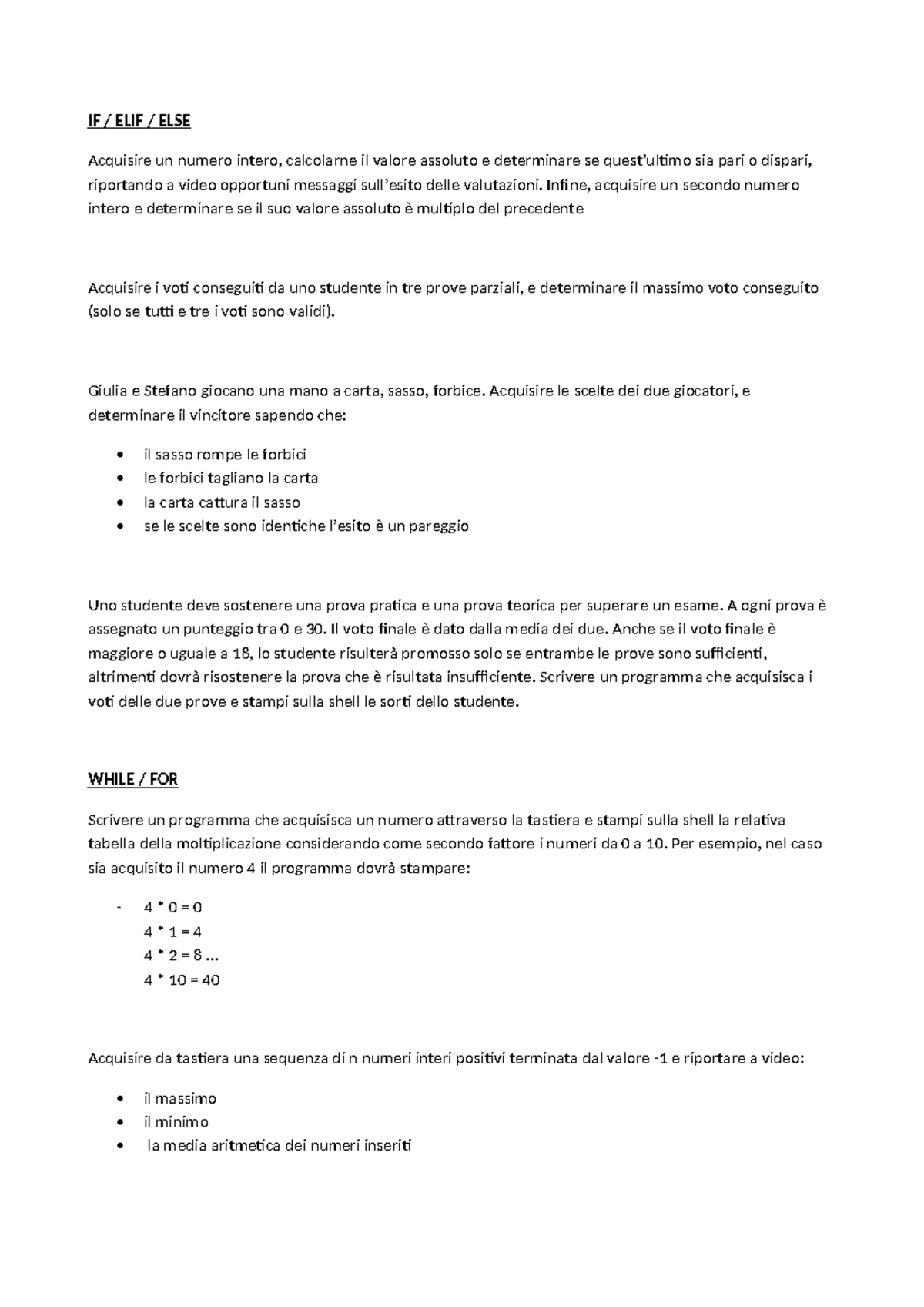 Esercizi Di Programmazione If Elif Else E While For Studocu