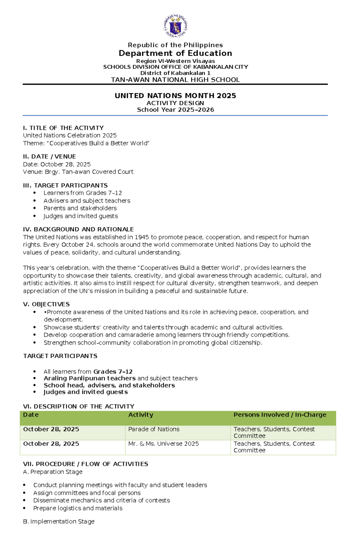 UN Month 2025 Activity Design: Build a Better Celebration - Studocu