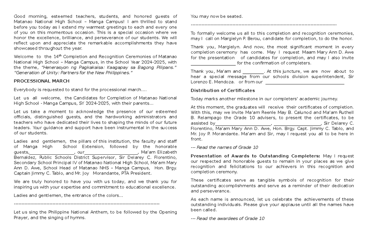 Completion & Recognition Ceremonies 2024-2025 at Matanao NHS - Studocu