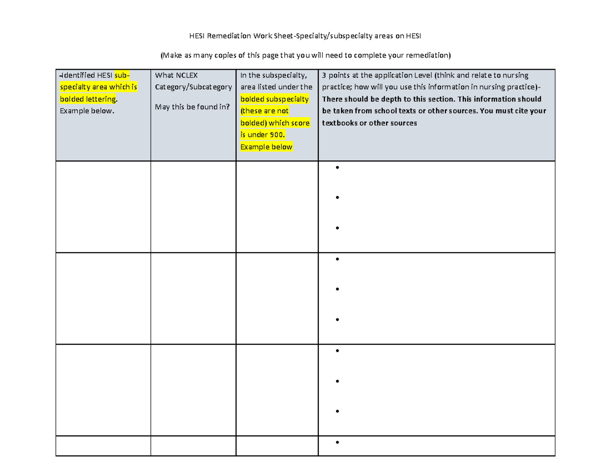 HESI Remediation Worksheet for Specialty Areas and Concepts - Studocu