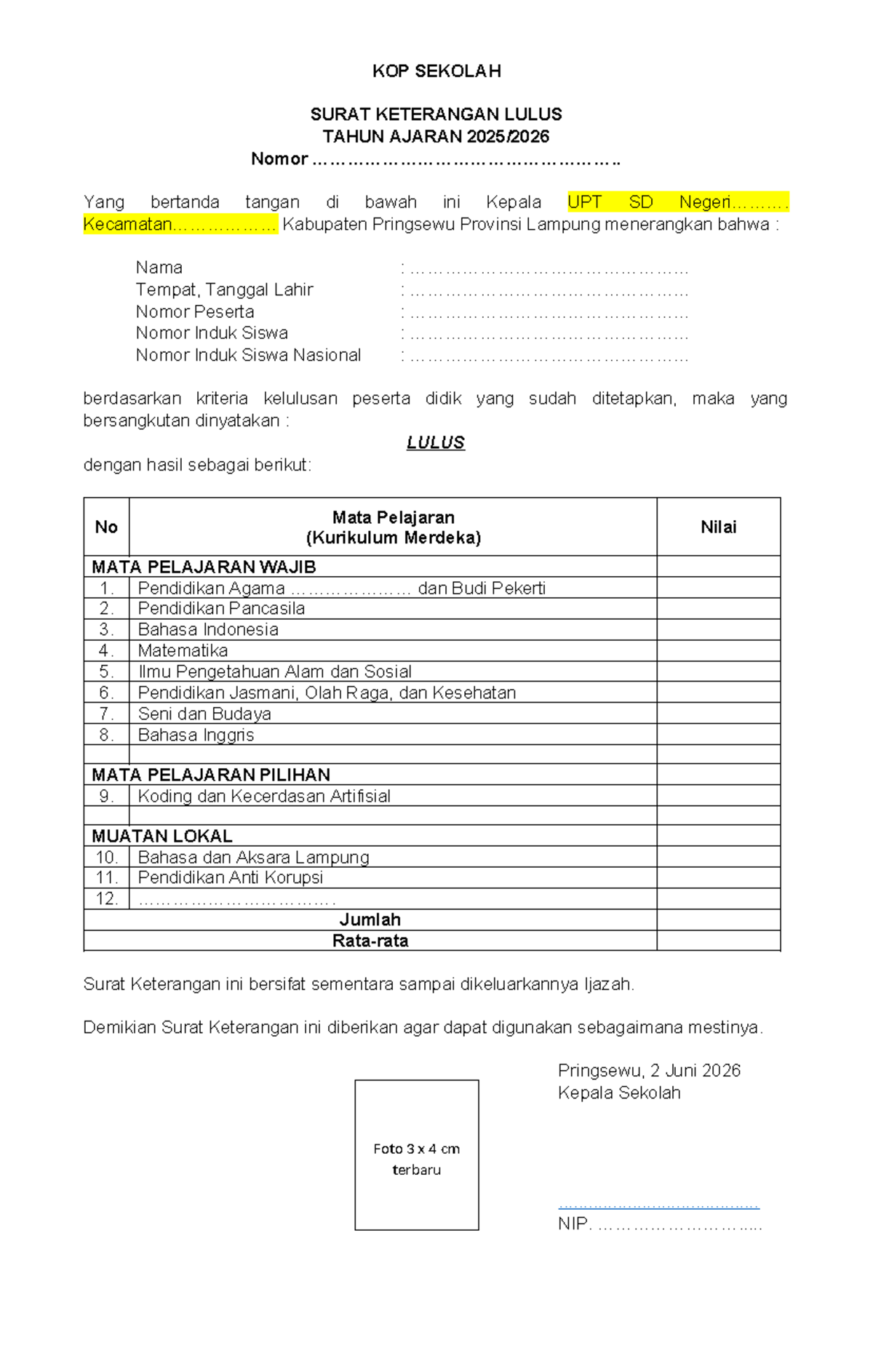 Surat Keterangan Lulus (SKL) SD 2026 - UPT SD Pringsewu - Studocu