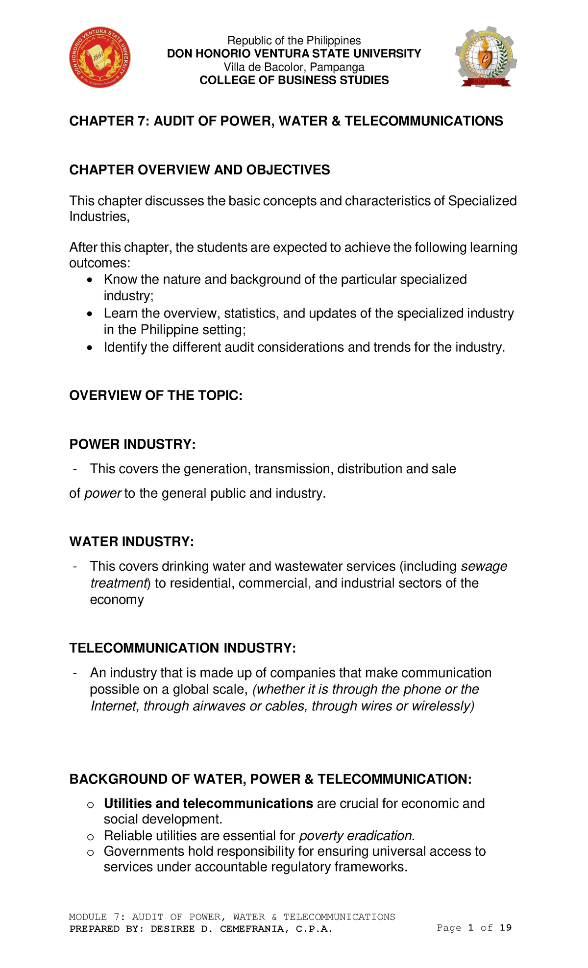 Module 7: Audit of Power, Water, and Telecommunications Overview - Studocu