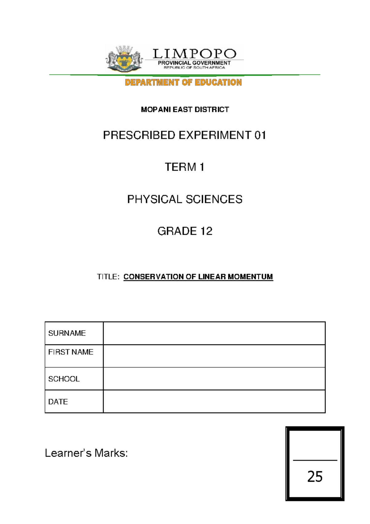 Grade 12 Physical Sciences Experiment 01: Conservation of Momentum ...