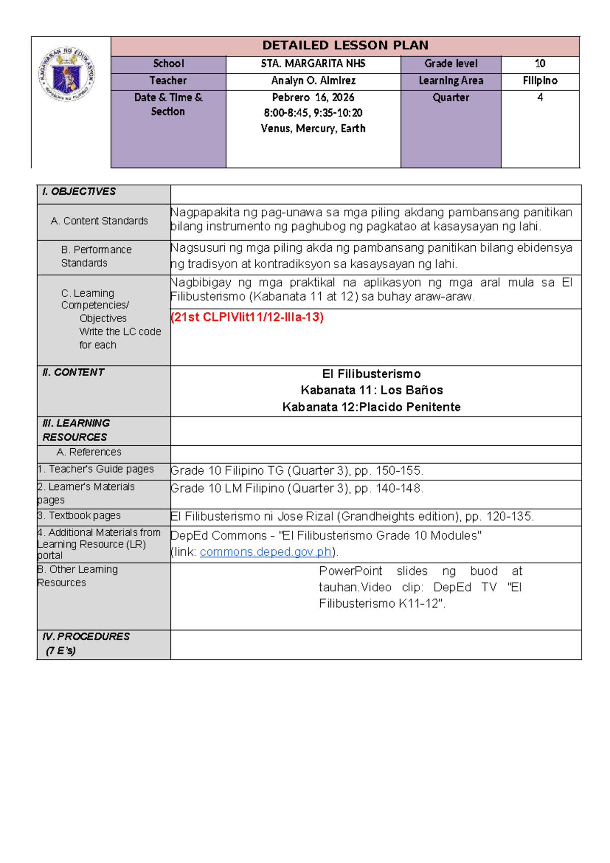 Kabanata 11 at 12 ng El Filibusterismo - DETAILED LESSON PLAN (Grade 10 ...