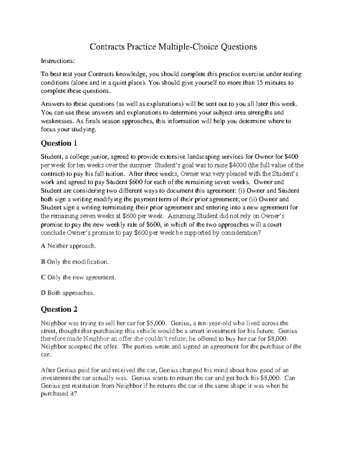 Contracts Practice Questions - Contracts Practice Multiple-Choice Questions Instructions: To ...
