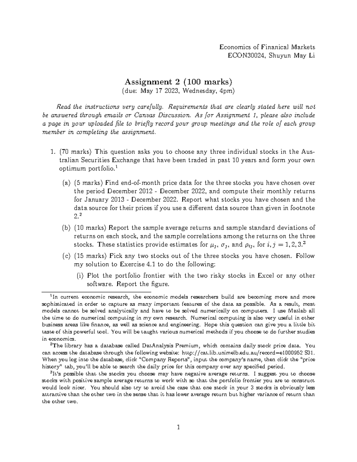 ECON30024 Assignment 2: Portfolio Optimization in Financial Markets ...
