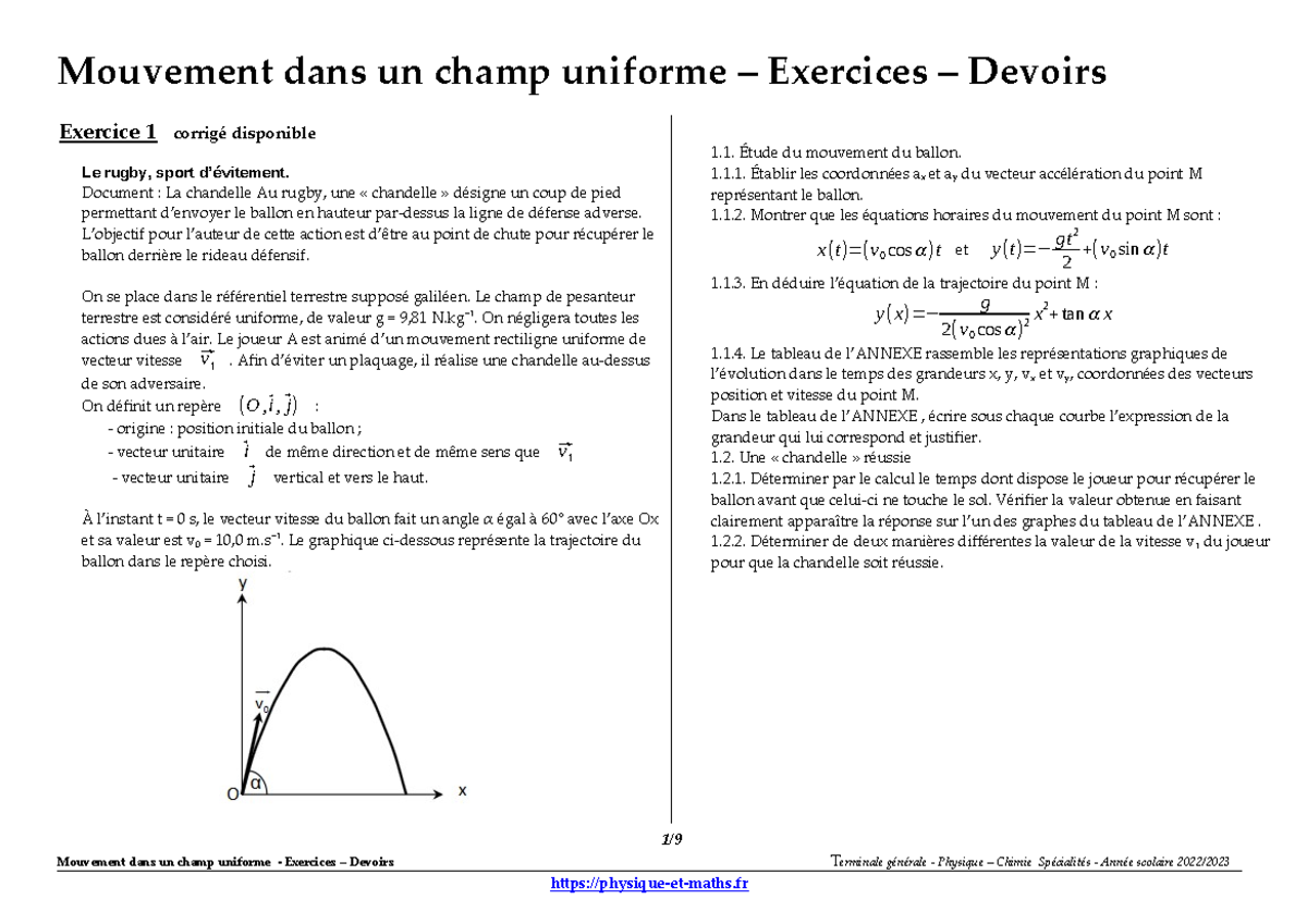 Champ uniforme exercices - Mouvement dans un champ uniforme – Exercices – Devoirs Exercice 1 ...