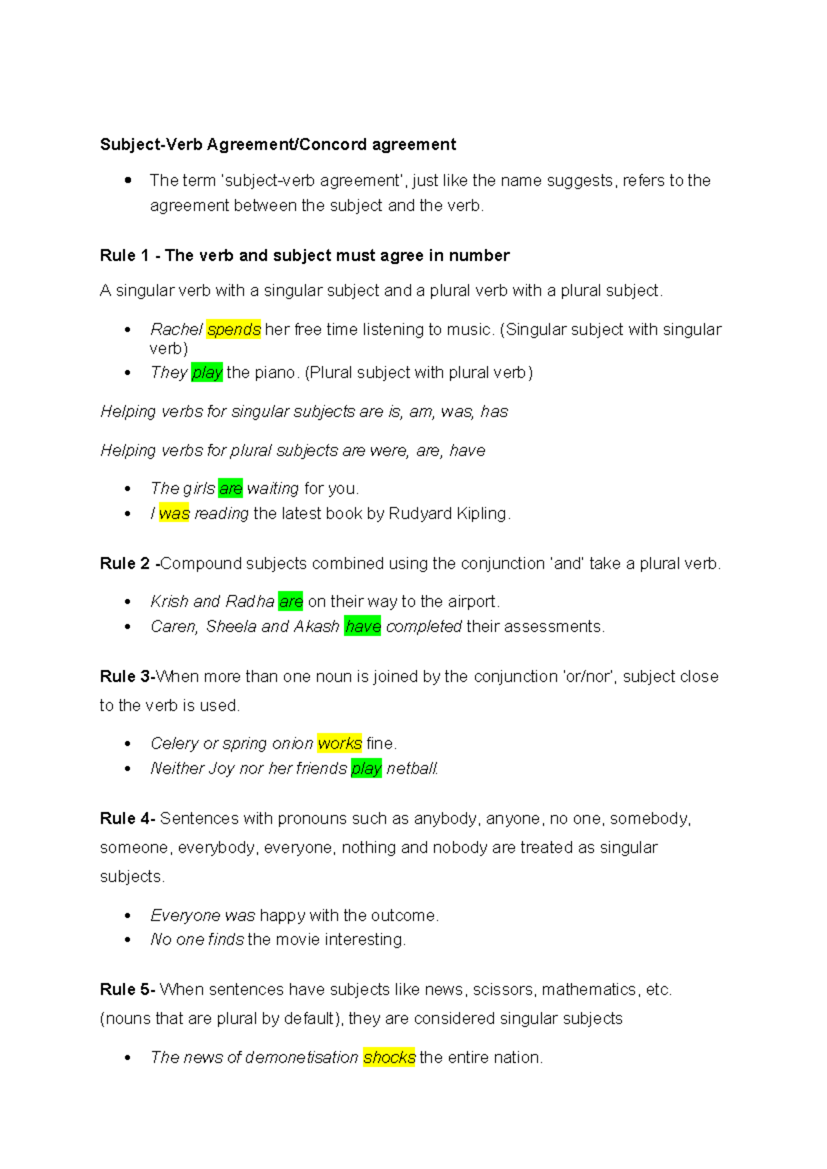 Subject-Verb Agreement Notes (ENG 101) - Studocu