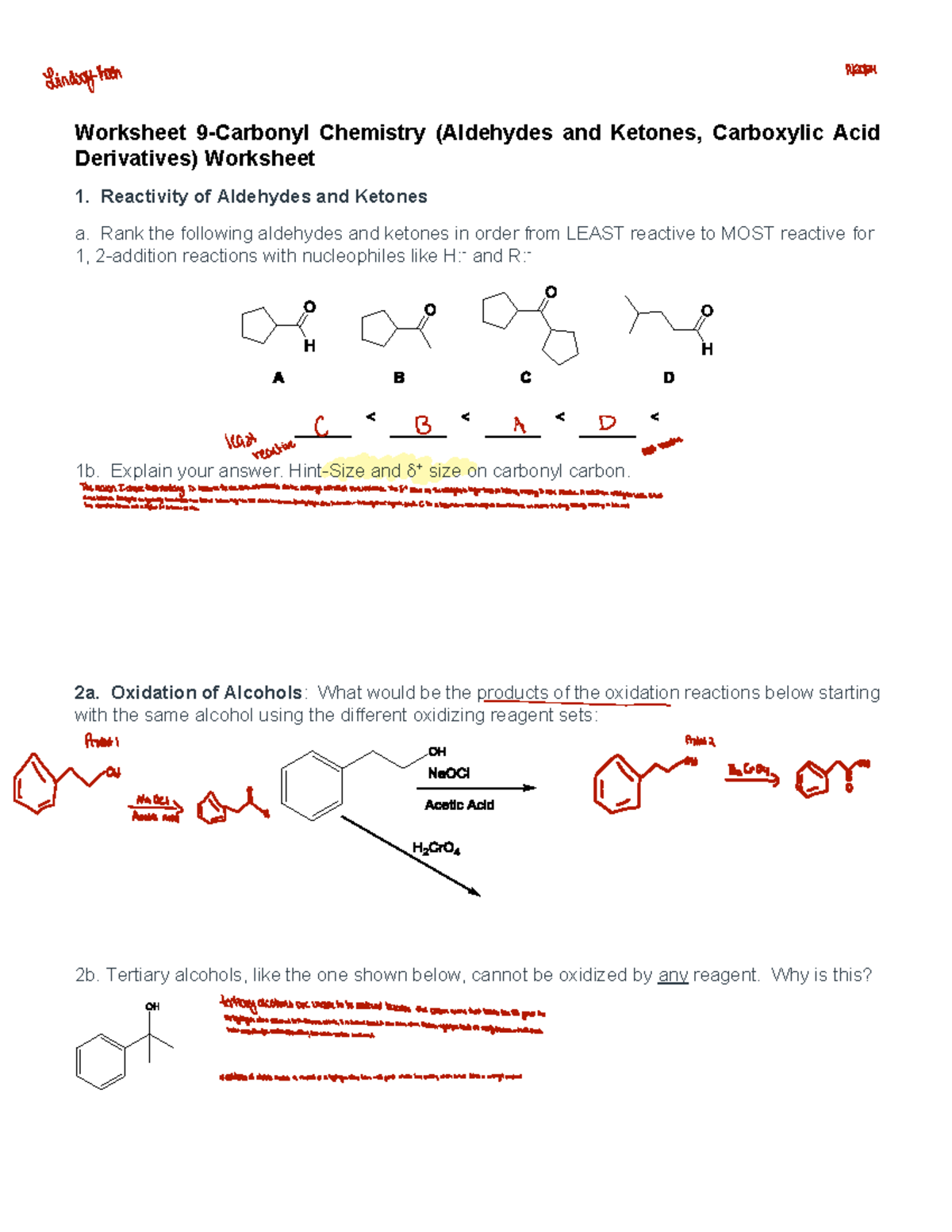 Worksheet 1: Reactivity of Aldehydes, Ketones & Carboxylic Acid ...