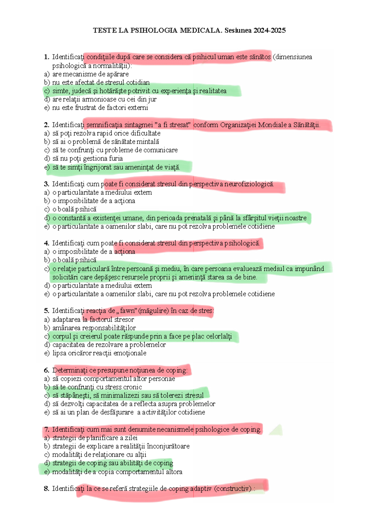 Teste Psihologie Medicală 2400798: Sesiunea 1 - Condiții și Strategii ...
