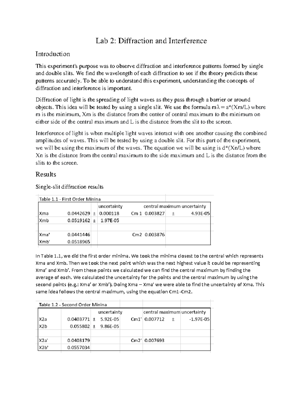 Lab 2 Diffraction and Interference - Lab 2: Diffraction and ...
