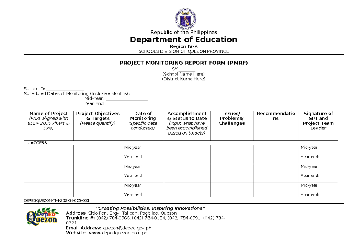 Project Monitoring Report Form - SY _____ DEPEDQUEZON-TM-SDS-04-025 ...
