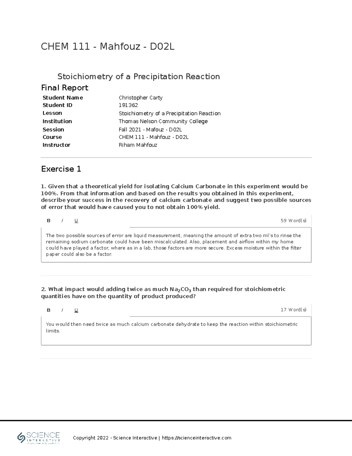 CHEM 111 Final Lab Report: Stoichiometry of Precipitation Reaction ...
