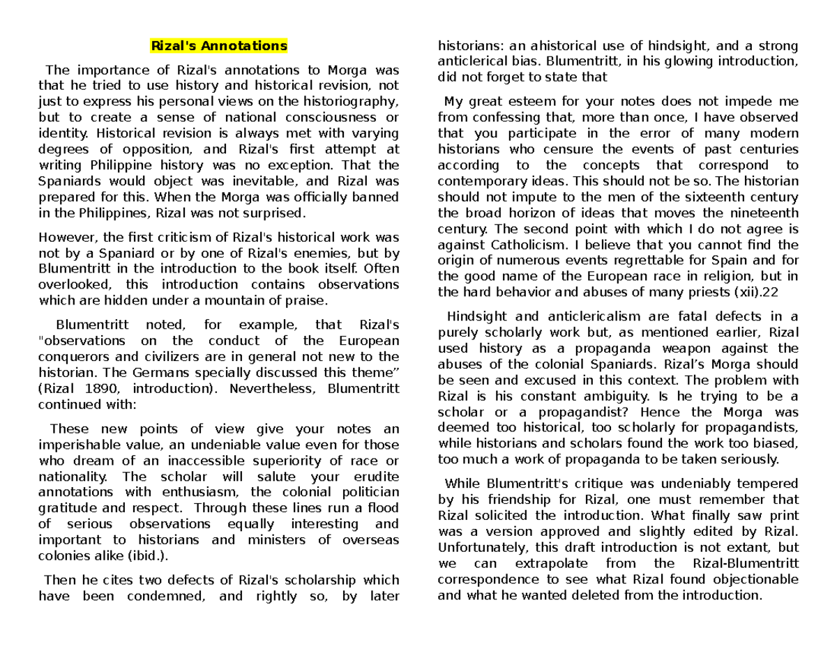 Rizal's Annotations and Influence on Philippine History Studies - Studocu