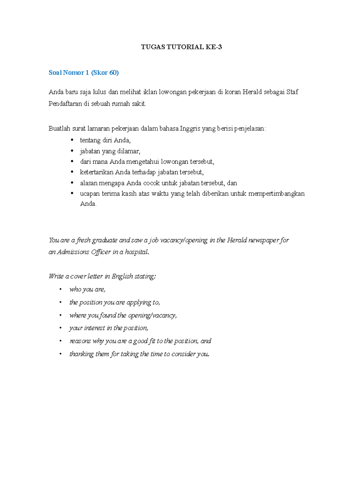 Tutorial 3: Surat Lamaran Pekerjaan dalam Bahasa Inggris - Studocu