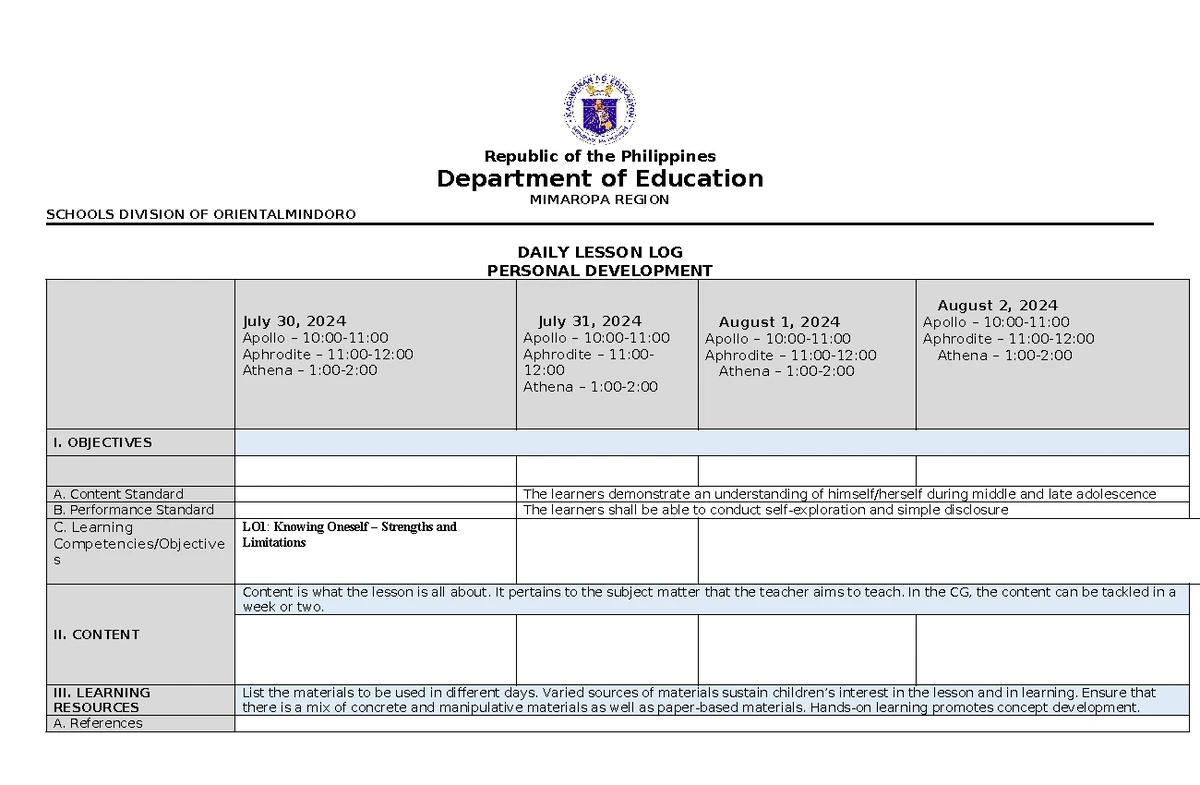 Module 8: Daily Lesson Log for Personal Development (August 2024) - Studocu