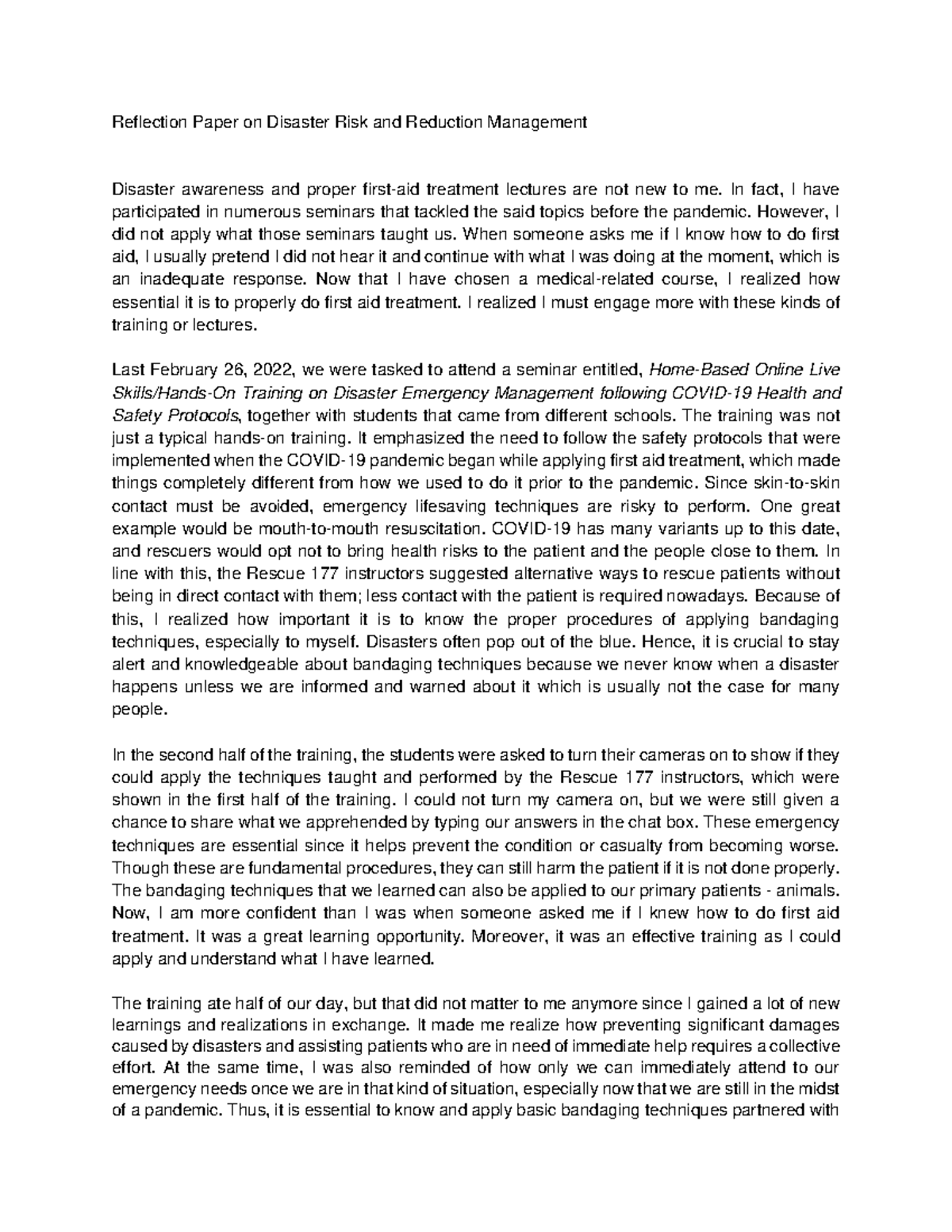 Reflection Paper on Disaster Risk & Reduction Mgmt (DRRR) Training ...