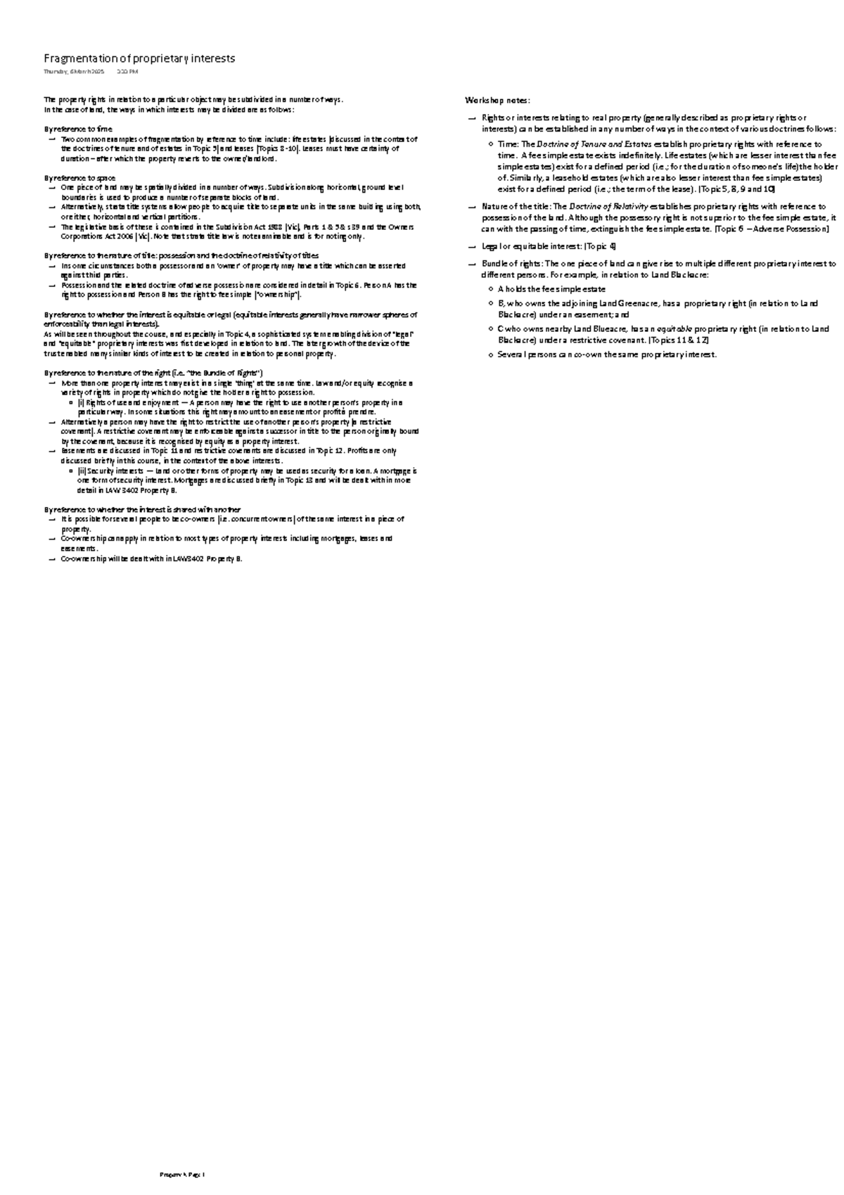 Fragmentation of Proprietary Interests in Property Law (LAW3402) - Studocu
