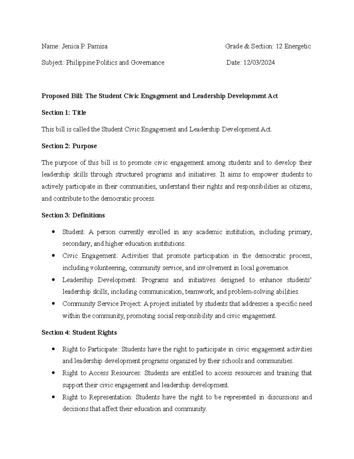 Proposed Law - SAMPLE OUTPUT - Name: Jenica P. Pamisa Grade & Section ...