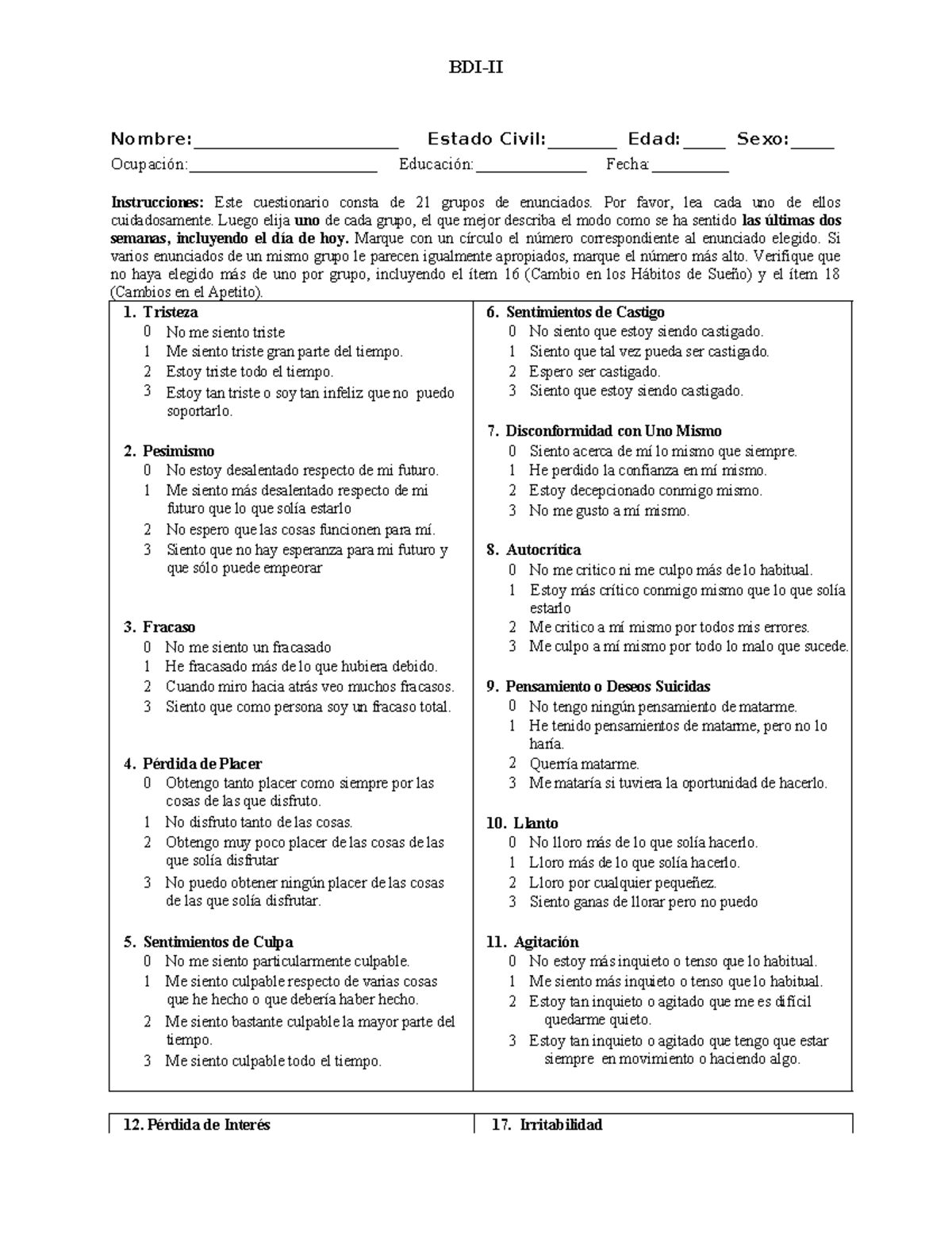 BDI-II - Cuestionario para el Test de Depresión de Beck - Studocu