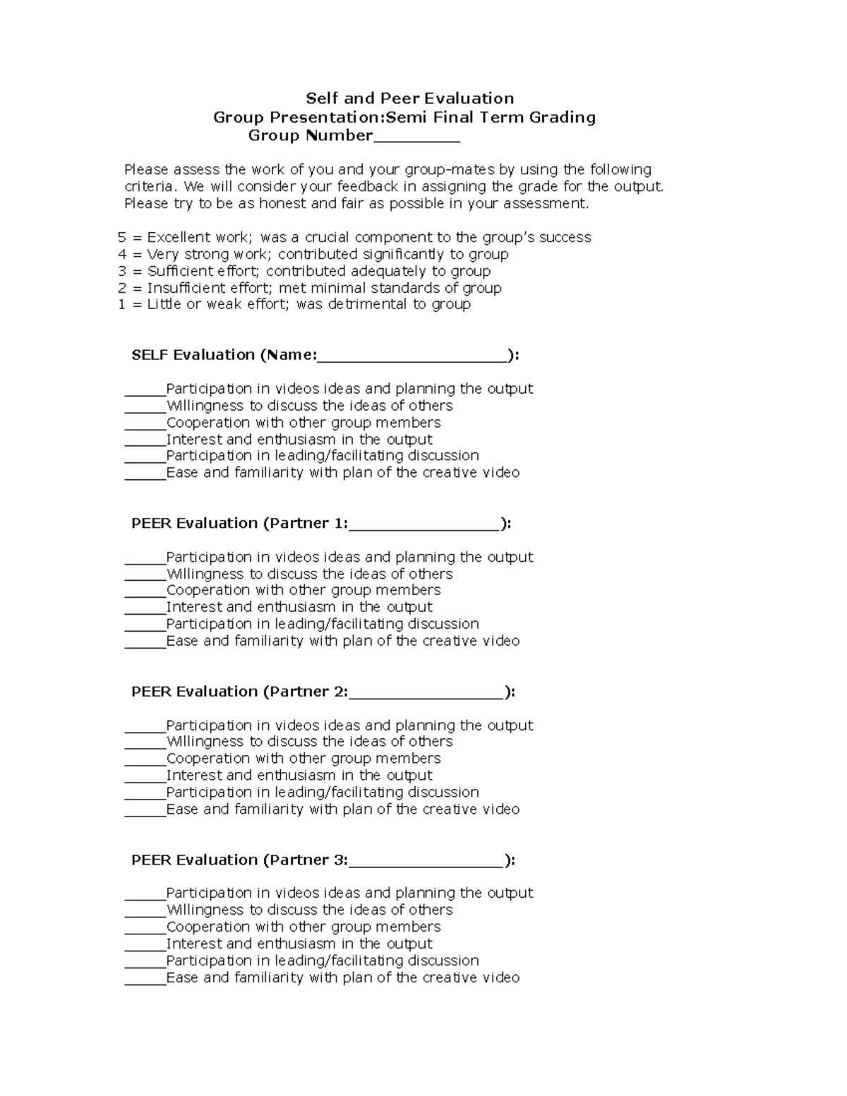 SELF AND PEER Evaluation SEMI- Final TERM Grading - Self and Peer ...