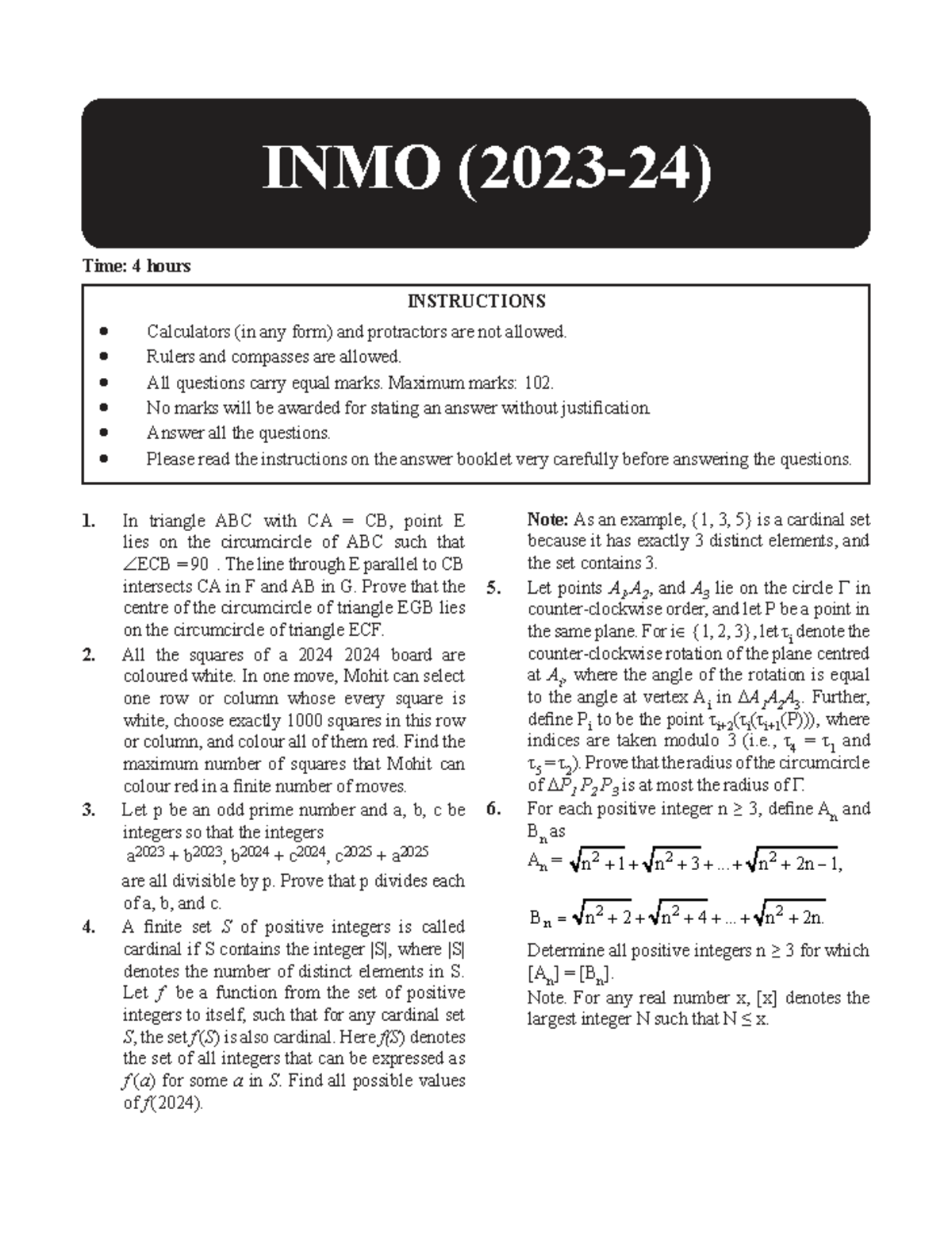 INMO 2023-2024 Final Exam - Question Paper and Solutions - Studocu