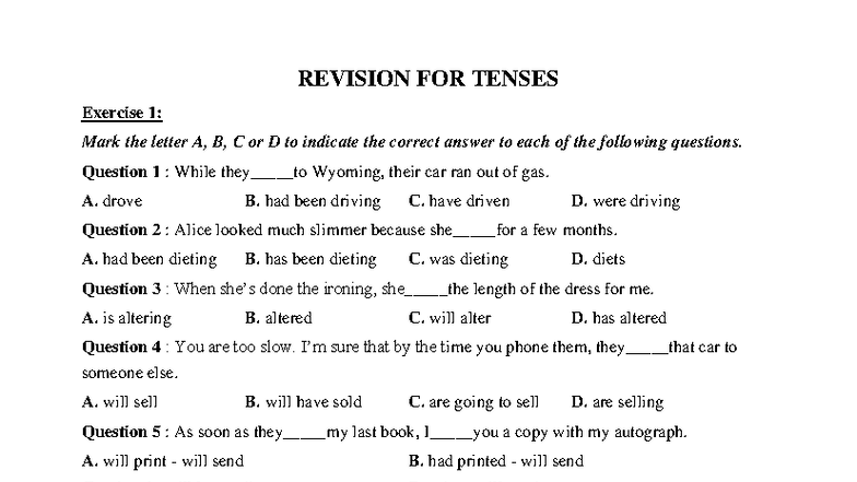 Revision for Tenses Exercises 20-21: Answer Key and Explanations - Studocu