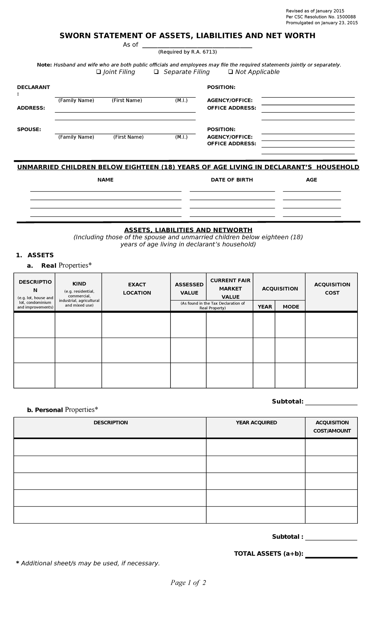 SALN- Blank - Revised as of January 2015 Per CSC Resolution No. 1500088 ...