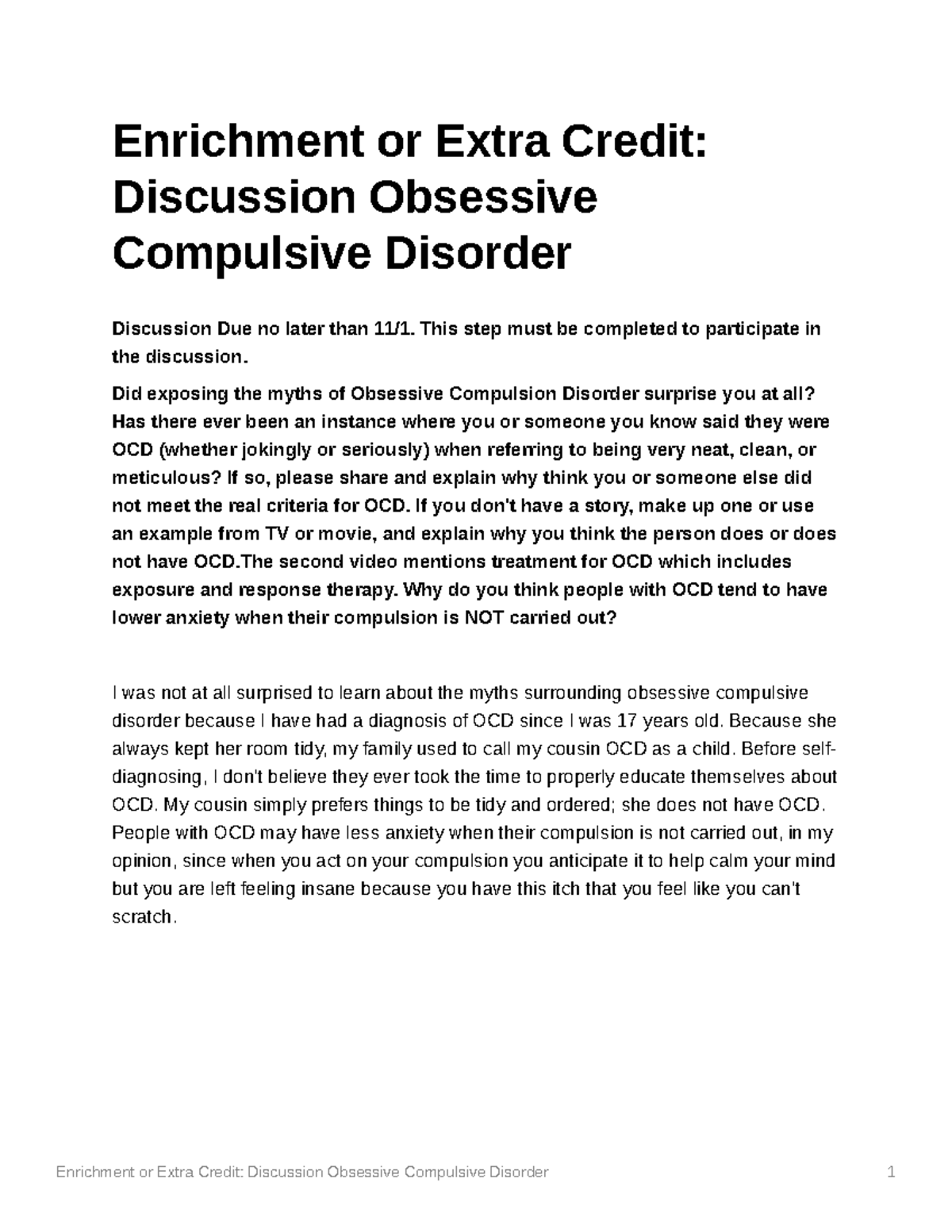 Discussion on OCD Myths and Enrichment/Extra Credit Considerations ...
