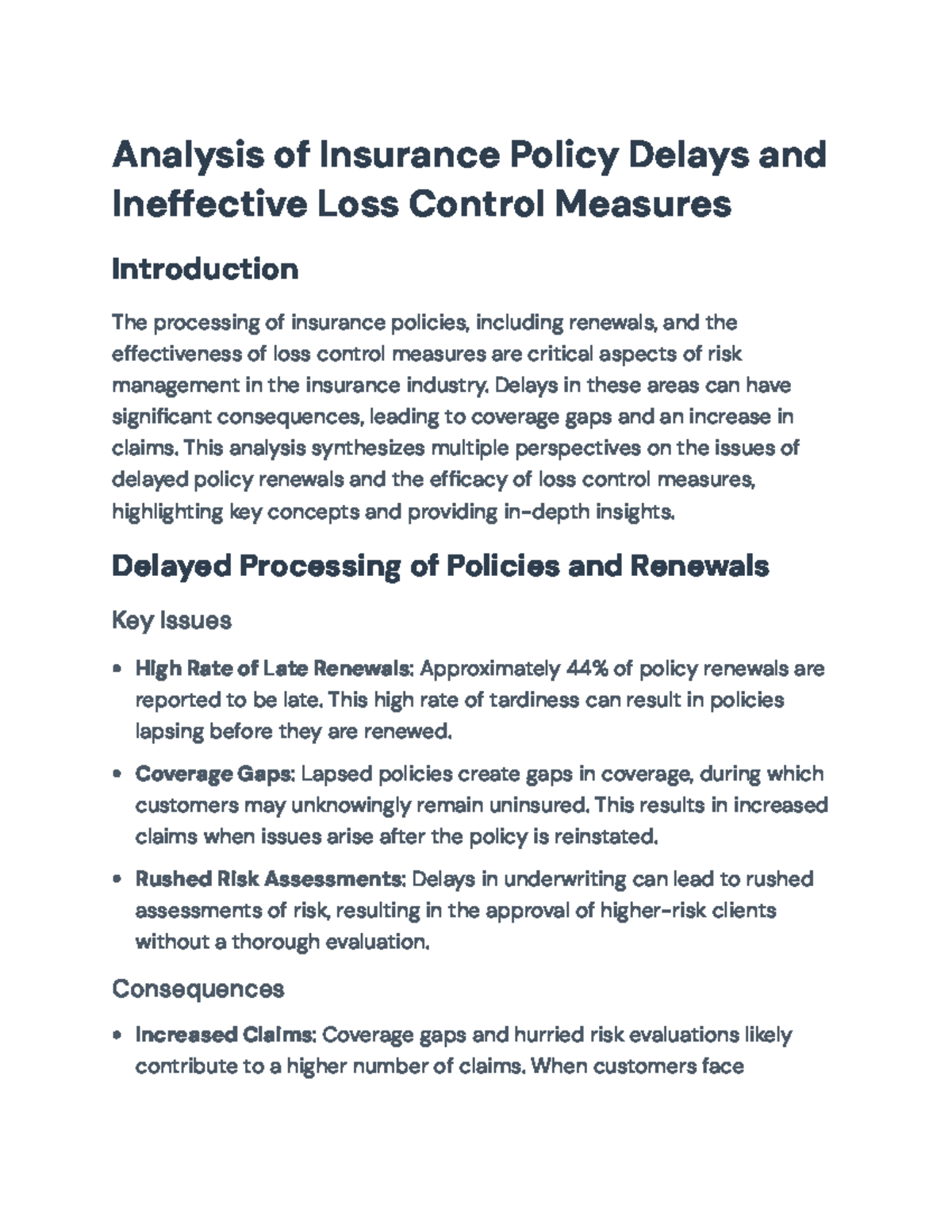 Analysis of Insurance Policy Delays and Loss Control Issues - Analysis ...