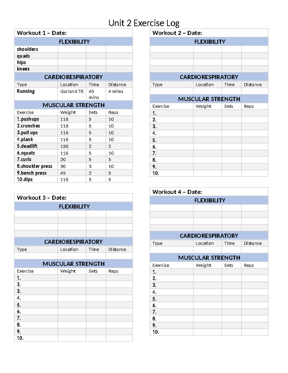 Unit 2 Exercise Log: Strength, Cardio & Flexibility Workouts 2024 - Studocu