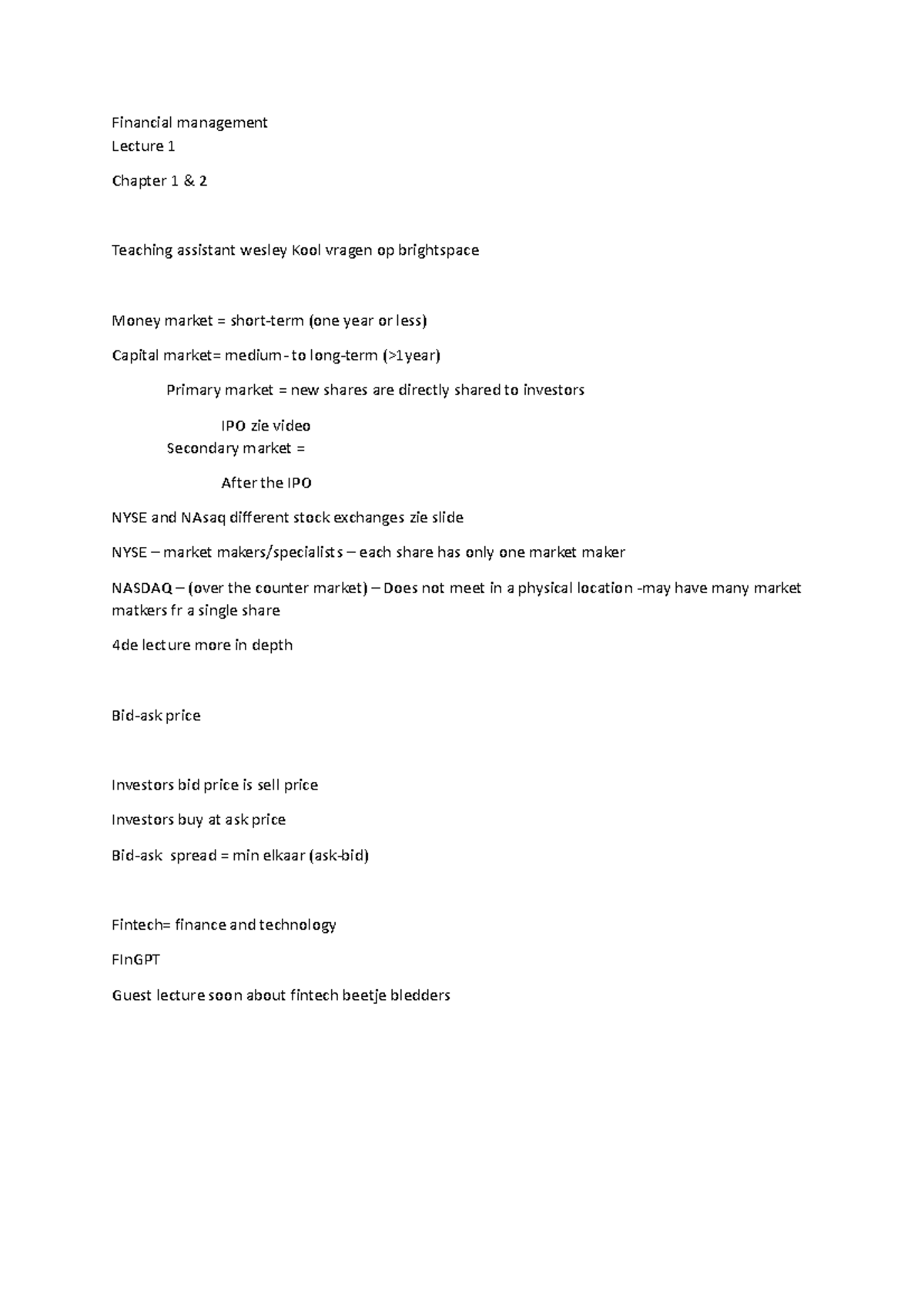 Financial Management Lecture 1: Overview of Key Concepts and Markets ...