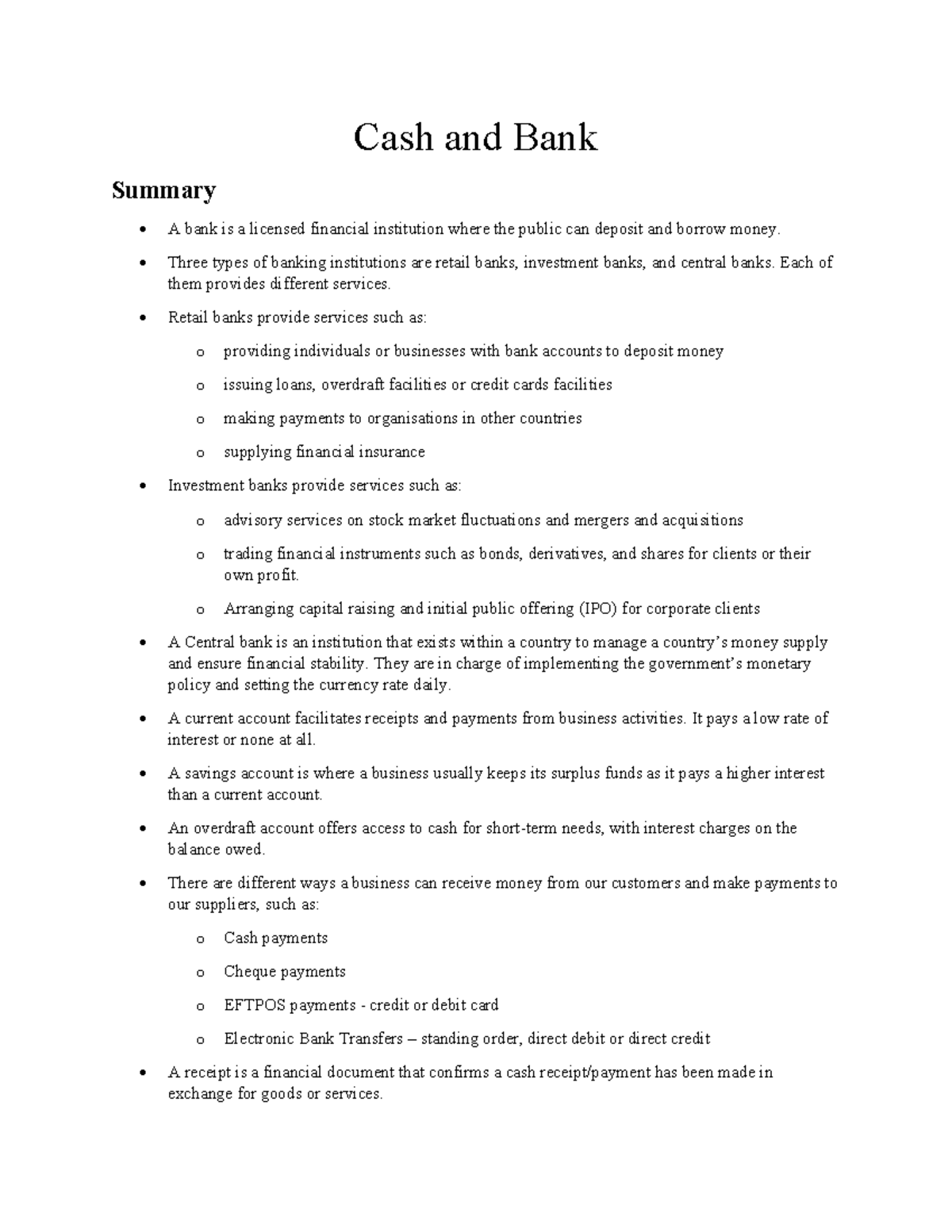 Cash and Bank Summary: Understanding Banking Types and Services - Studocu