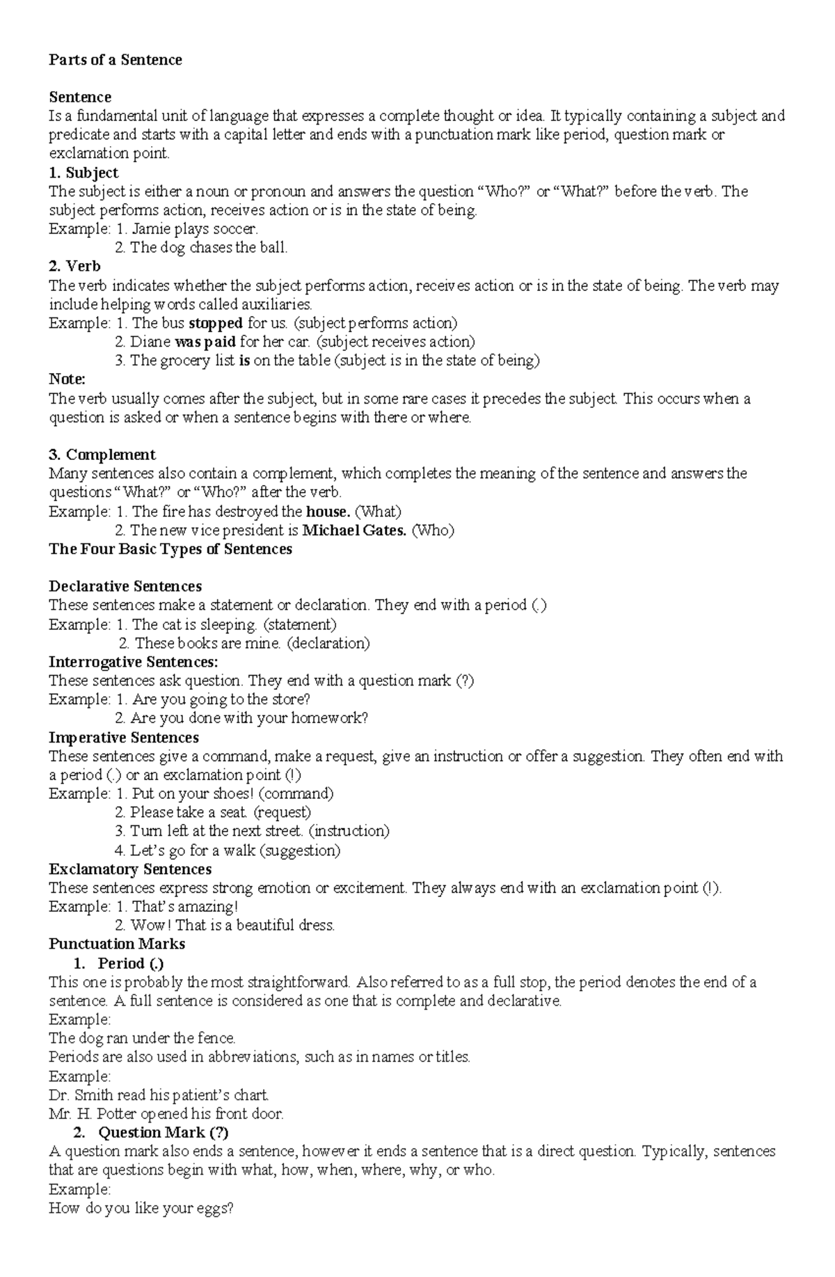 Parts of a Sentence: Understanding Structure & Punctuation Types - Studocu