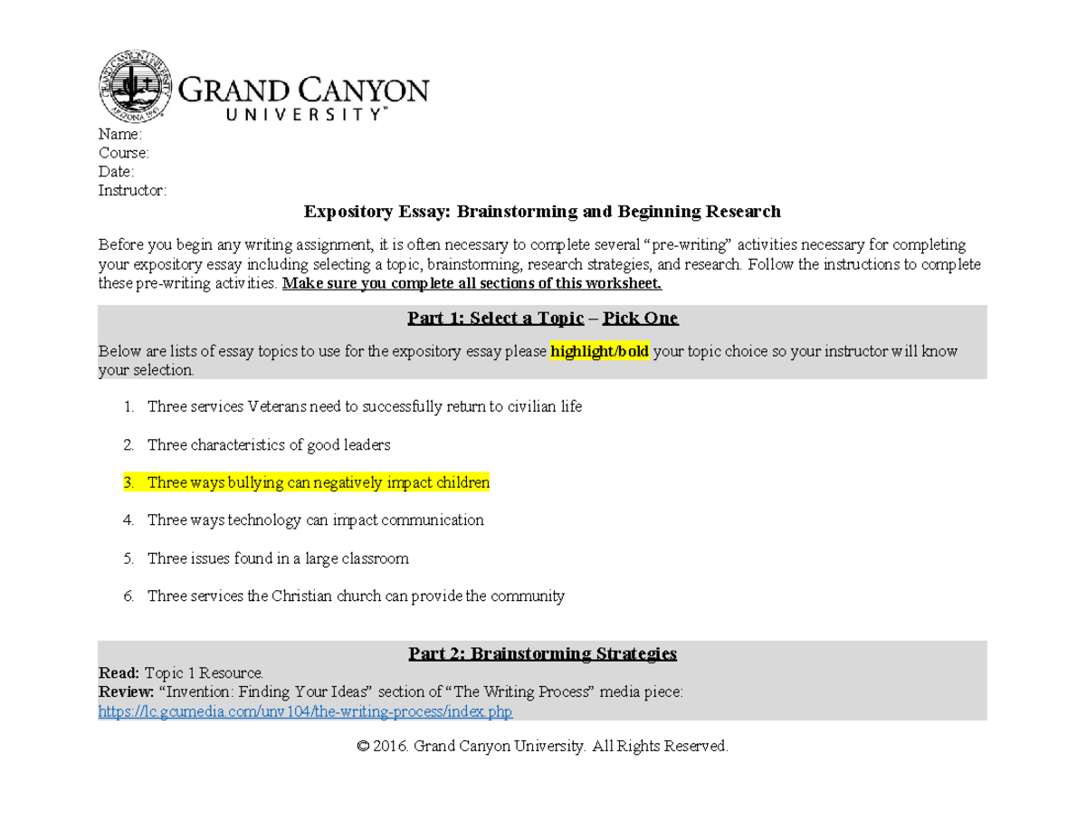 UNV-104-RS-T1-Expository Essay Pre-Writing and Research Guide - Studocu