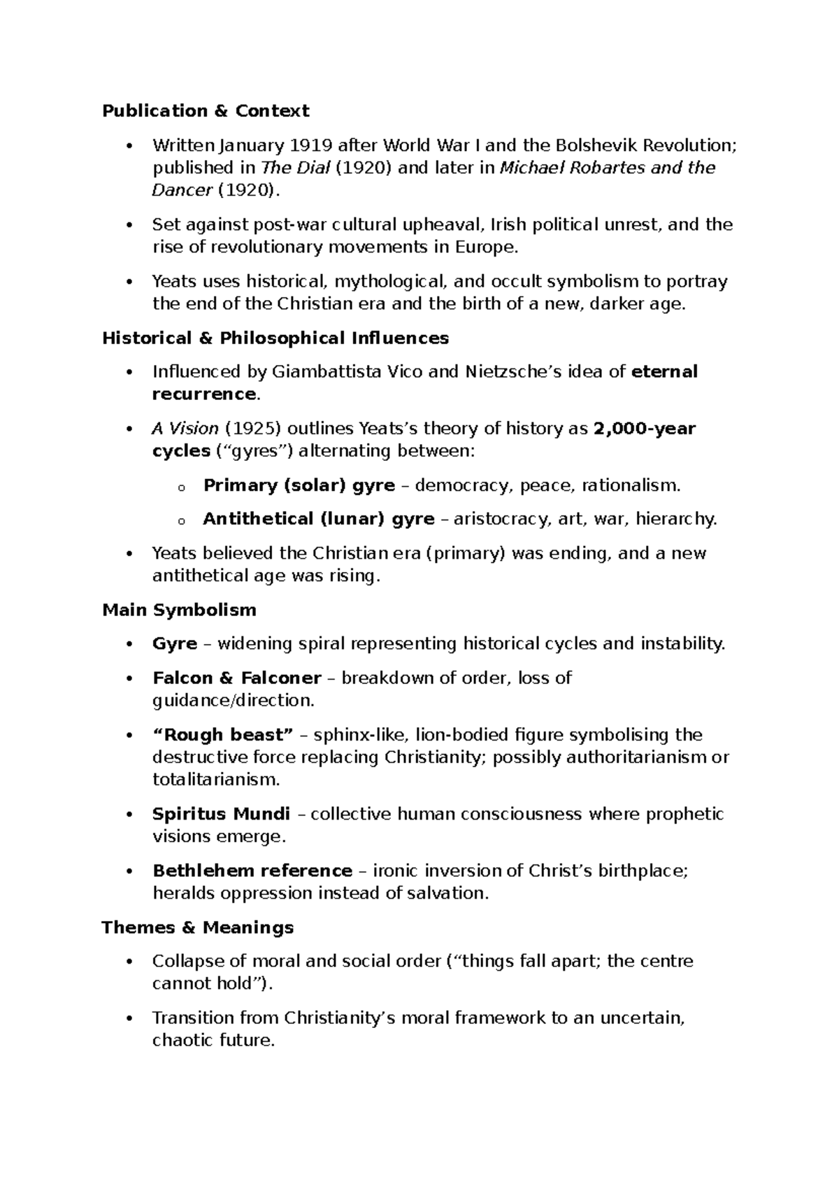 The Second Coming (ENG 101) Lecture Notes on Yeats' Poem Analysis - Studocu
